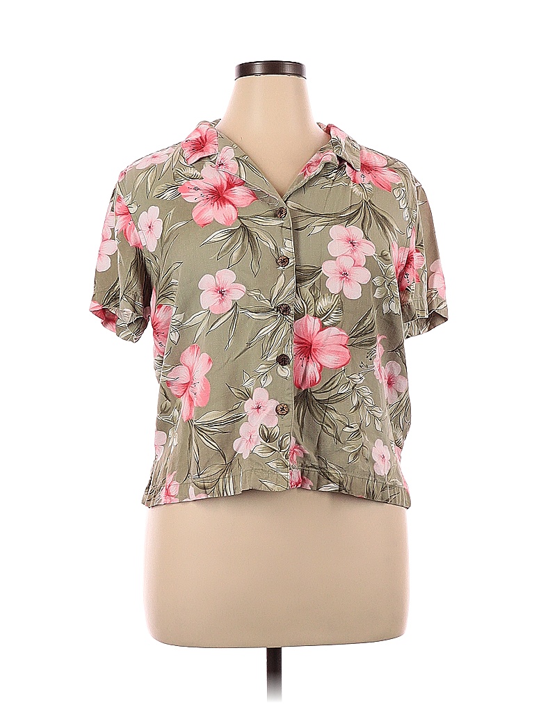 Classic Elements 100% Rayon Floral Green Short Sleeve Button-Down Shirt ...