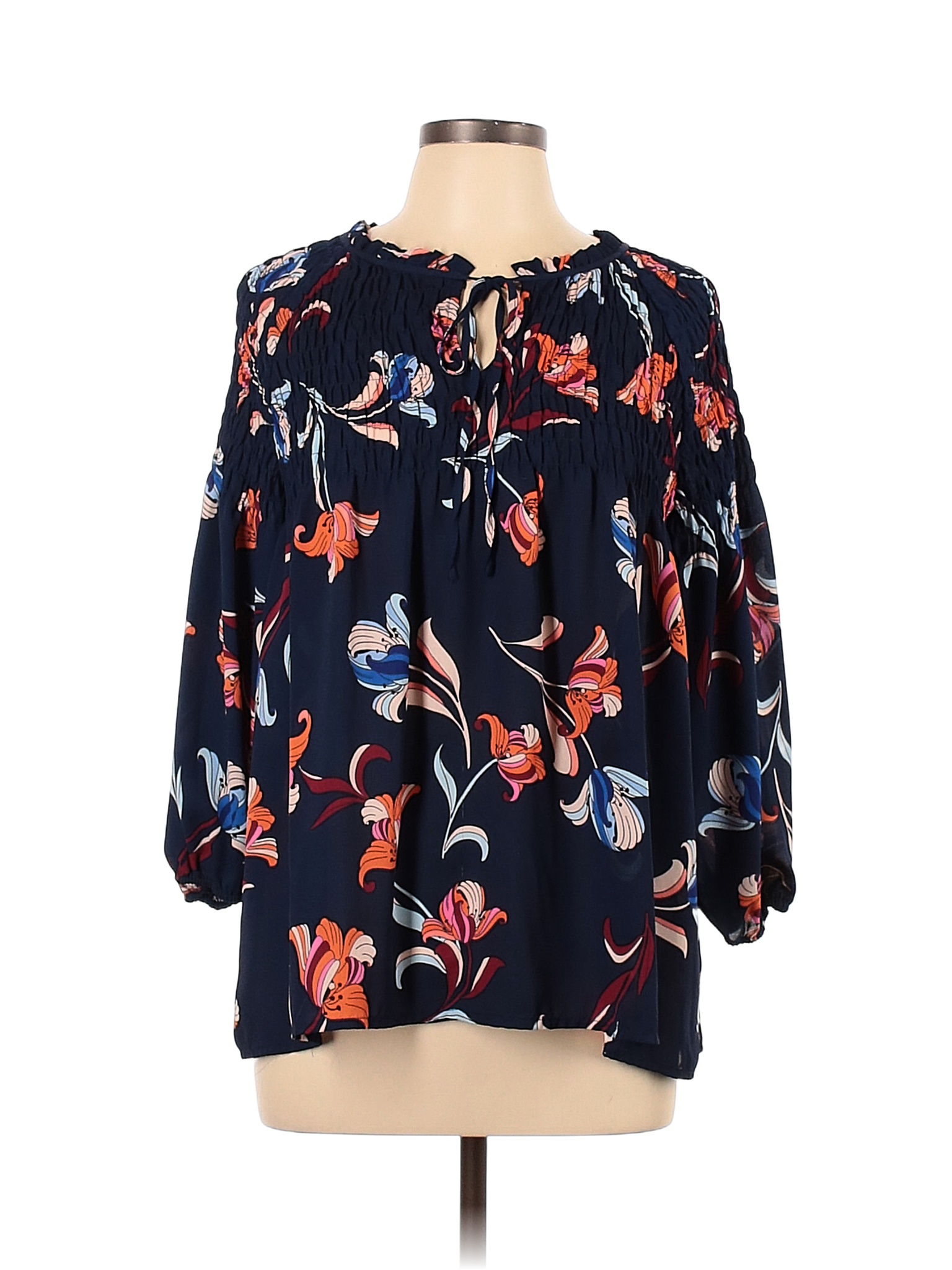 A N A A New Approach 100 Polyester Floral Navy Blue Long Sleeve