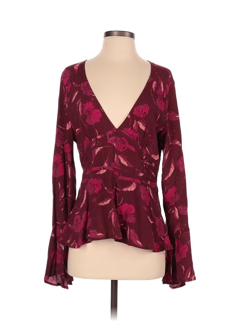 Sunny Leigh 100 Rayon Floral Burgundy Long Sleeve Blouse Size M 76