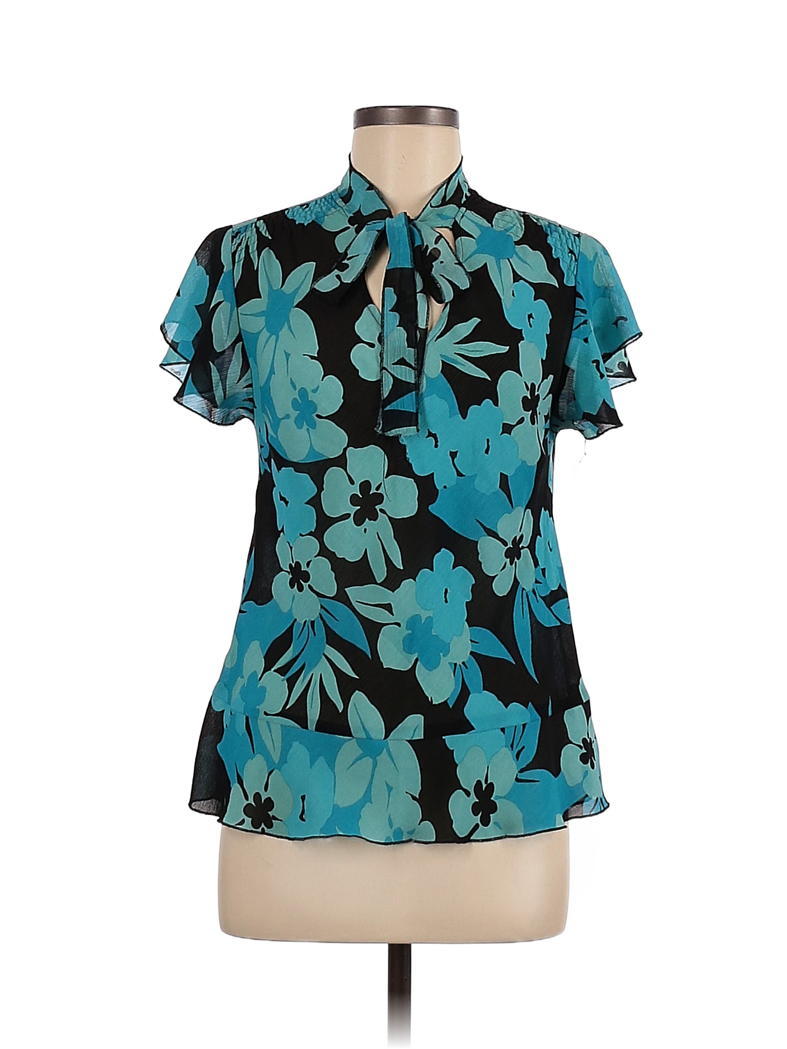 Michele Michelle 100 Polyester Floral Blue Short Sleeve Blouse Size M