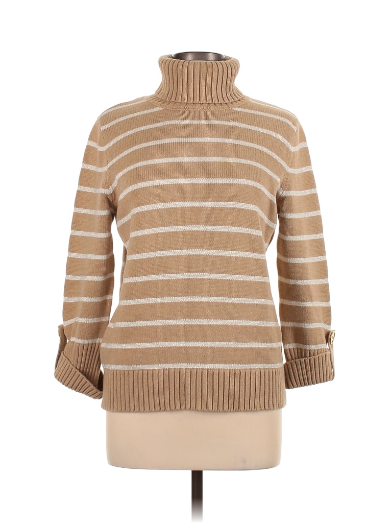 Jones New York Signature Color Block Stripes Tan Turtleneck Sweater ...