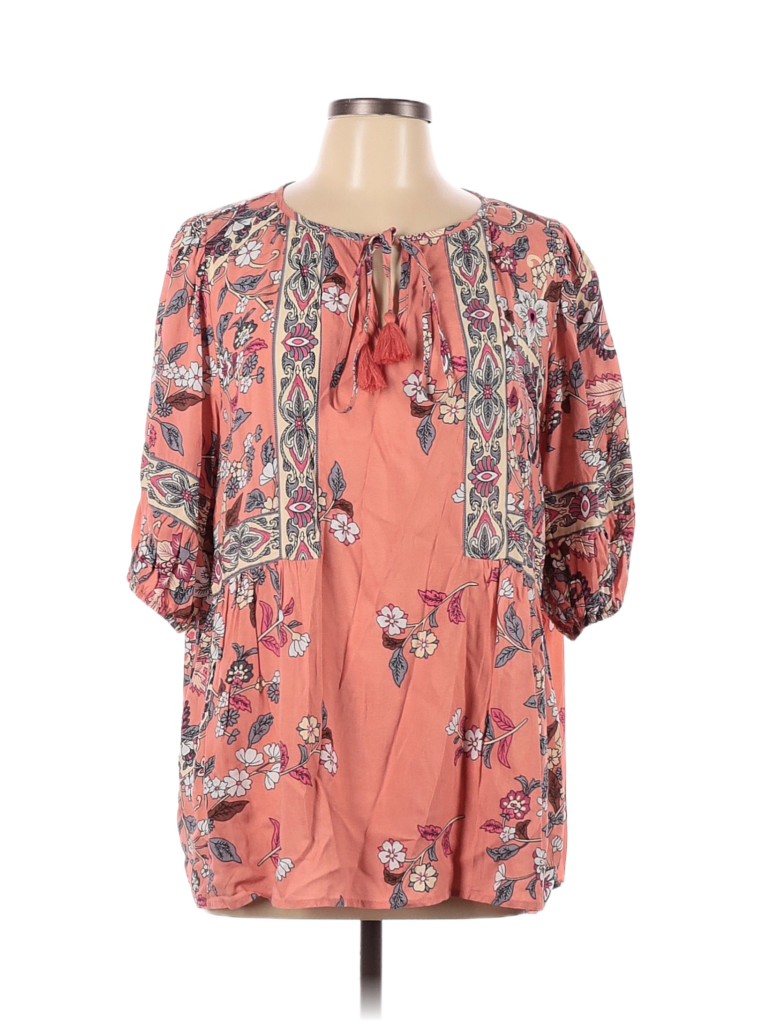 GiGio 100% Rayon Floral Pink Short Sleeve Blouse Size L - 85% off | ThredUp