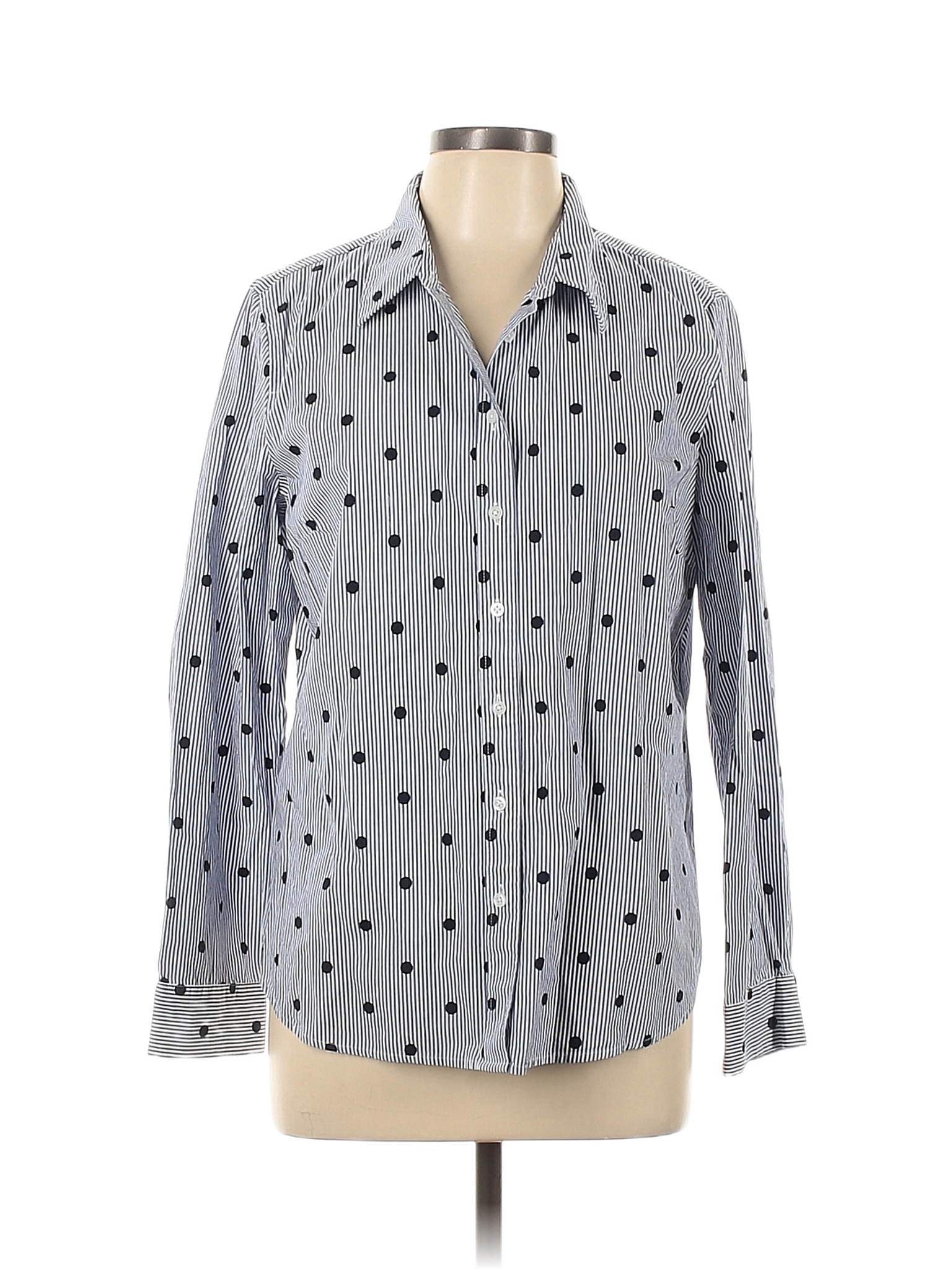 Talbots Outlet 100 Cotton Polka Dots Blue Long Sleeve Button Down