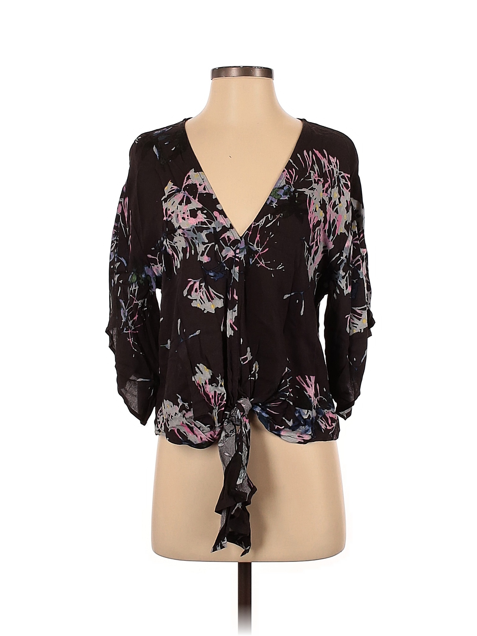 Lovestitch 100 Rayon Floral Black Long Sleeve Blouse Size S 63 Off