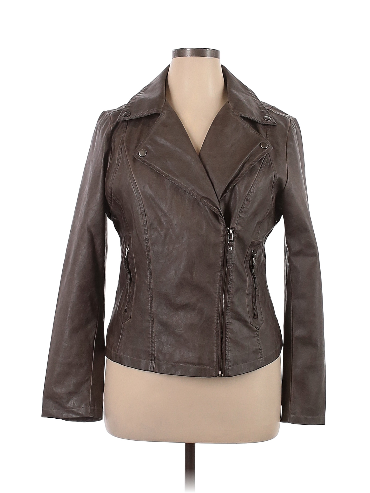 Max Studio 100% Polyurethane Solid Colored Brown Faux Leather Jacket ...