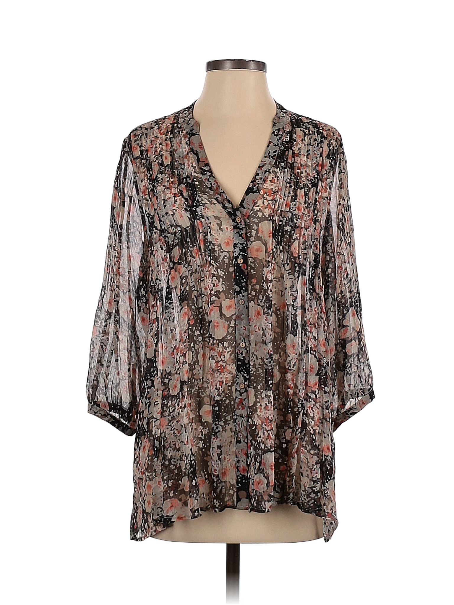 Joie 100 Silk Floral Multi Color Brown Long Sleeve Silk Top Size S