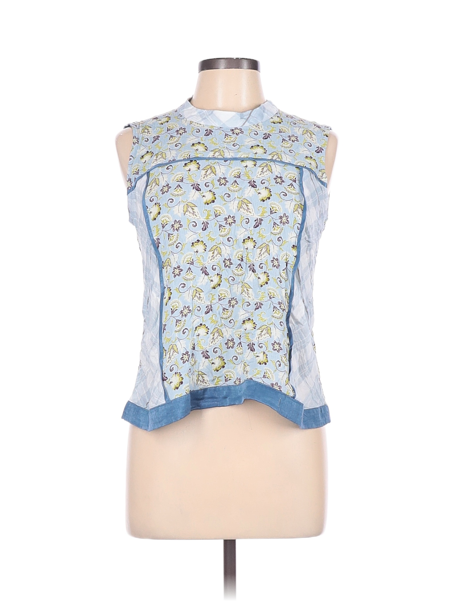 Mystree 100% Rayon Color Block Floral Blue Sleeveless Blouse Size L ...