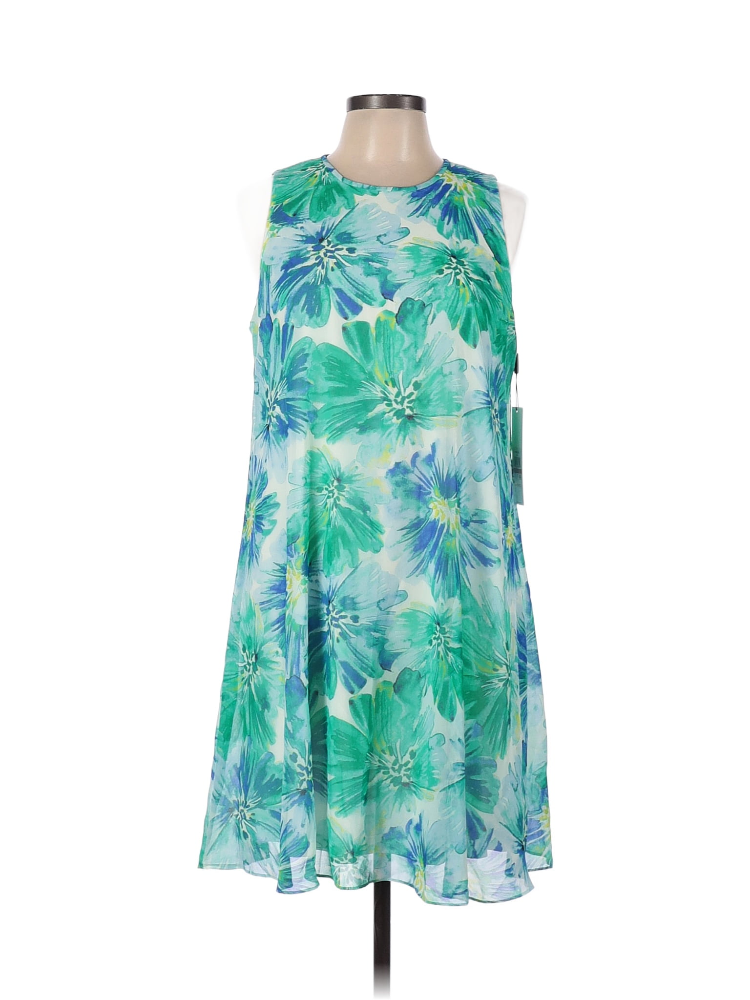 Calvin Klein 100 Polyester Floral Multi Color Green Casual Dress Size