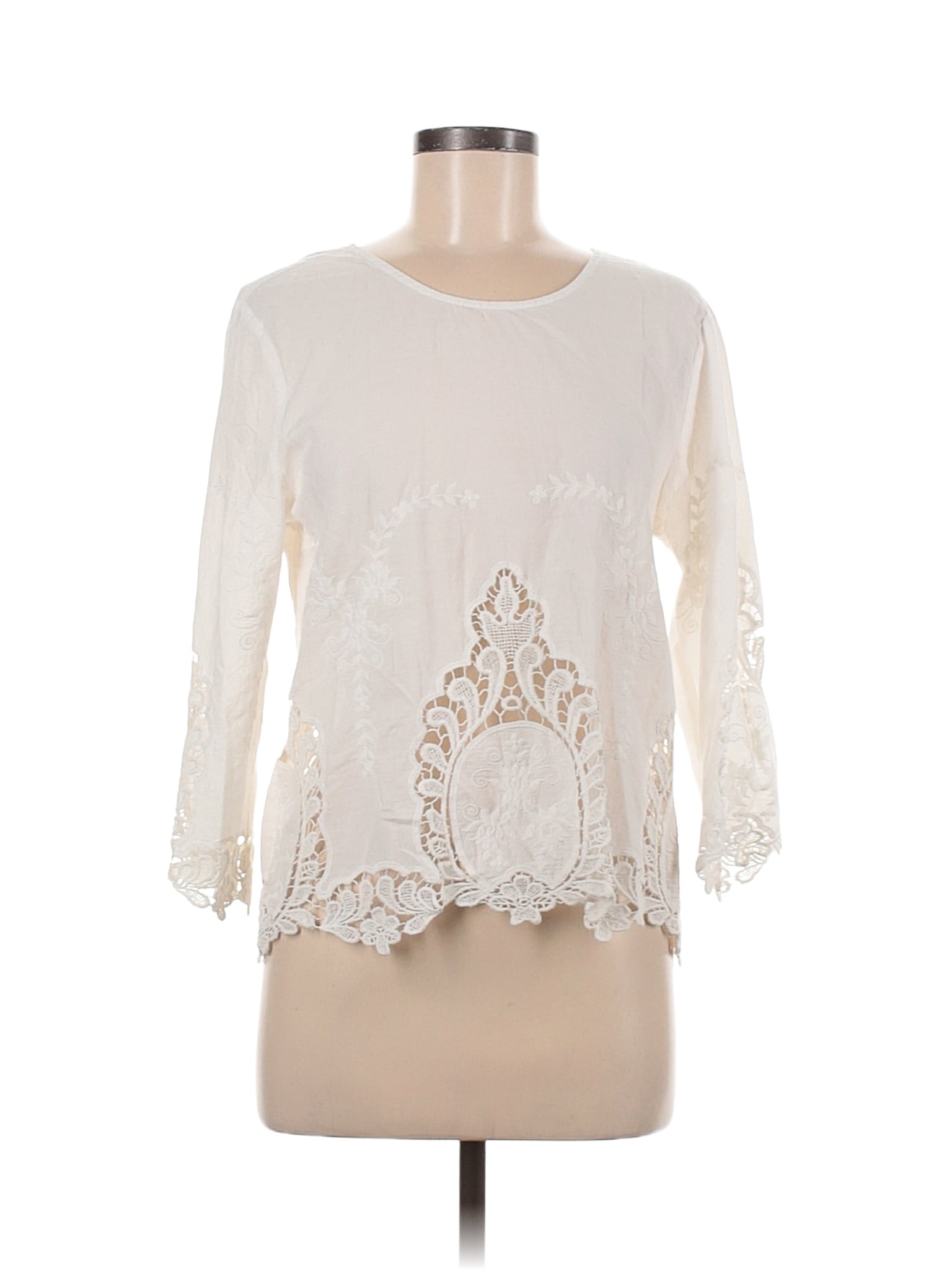 Cynthia Rowley Tjx 100 Cotton Floral White Long Sleeve Blouse Size M