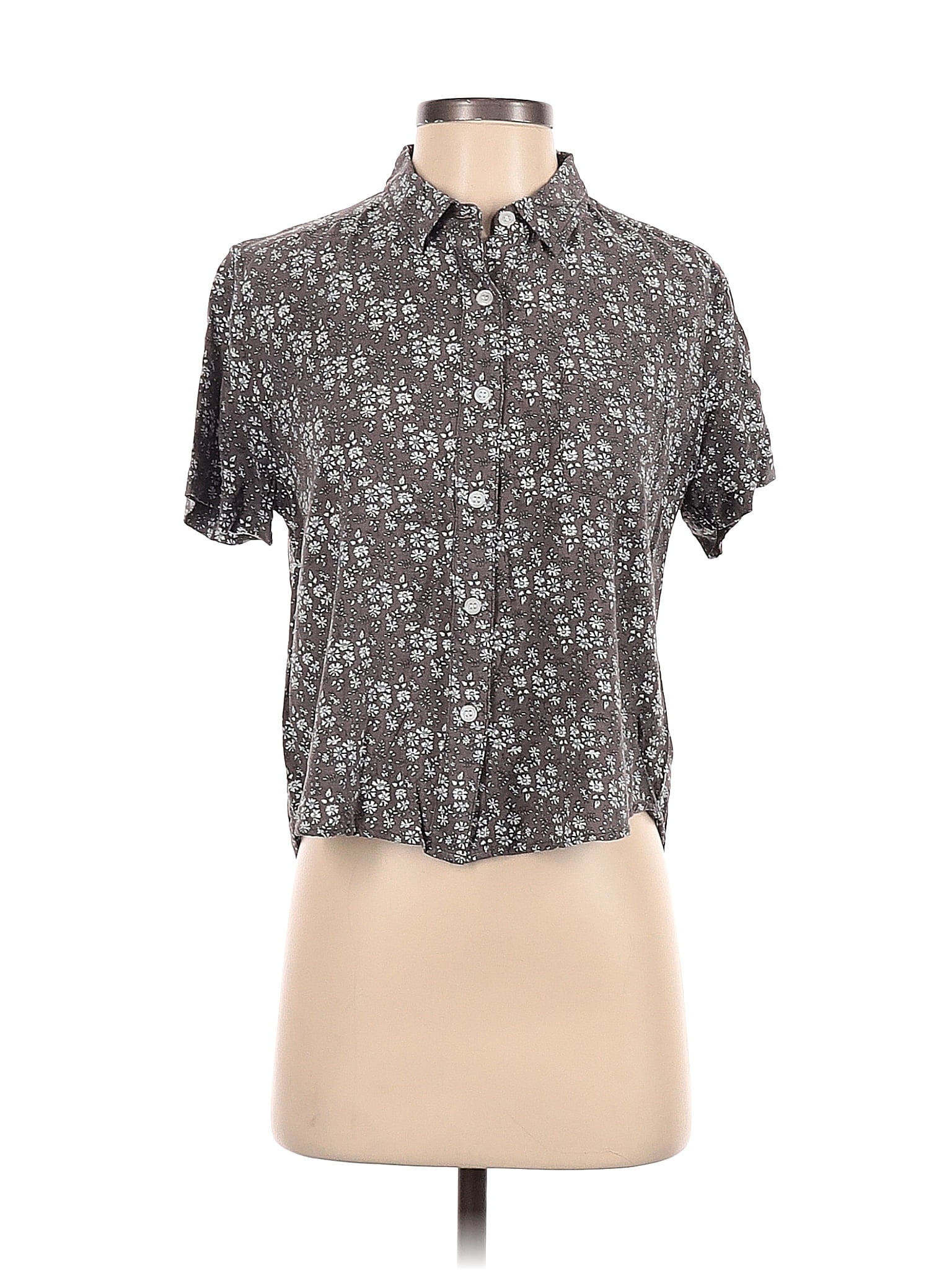 Bridge & Burn 100% Rayon Floral Gray Short Sleeve Button-Down Shirt ...