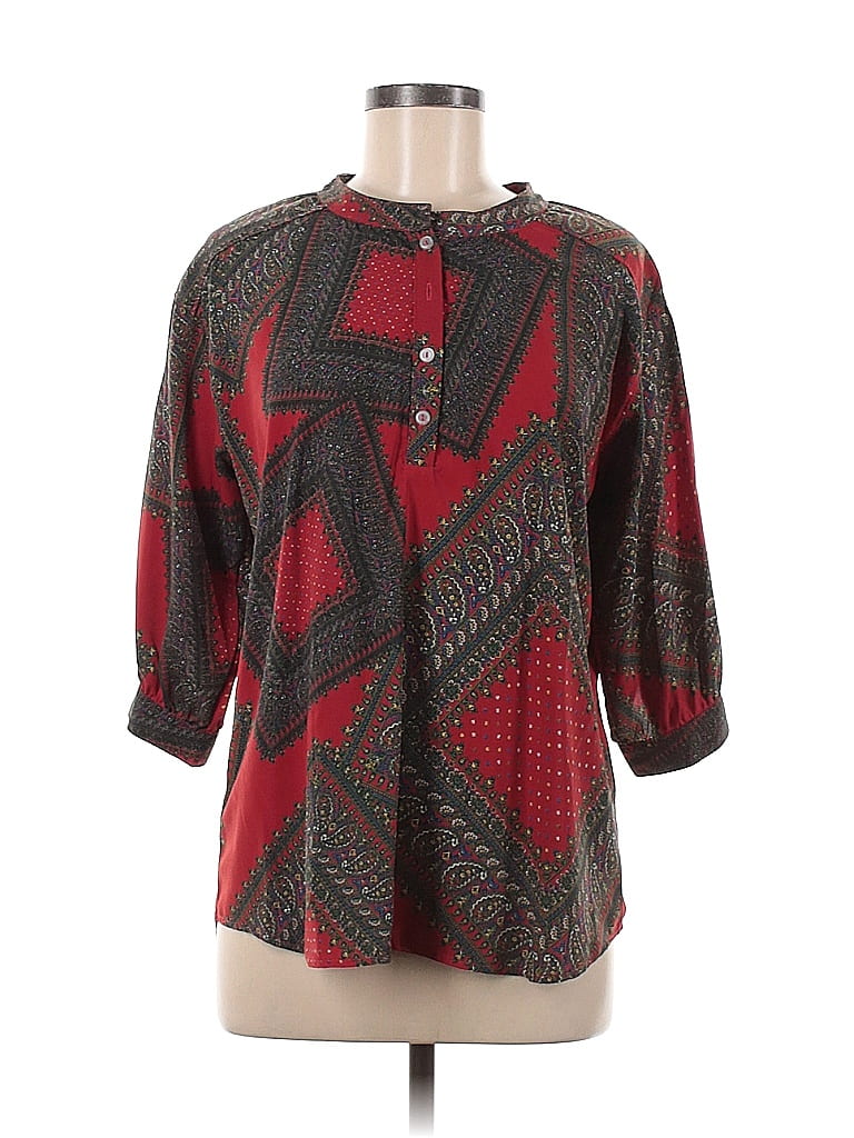 John Eshaya 100% Silk Color Block Multi Color Red Long Sleeve Silk Top ...