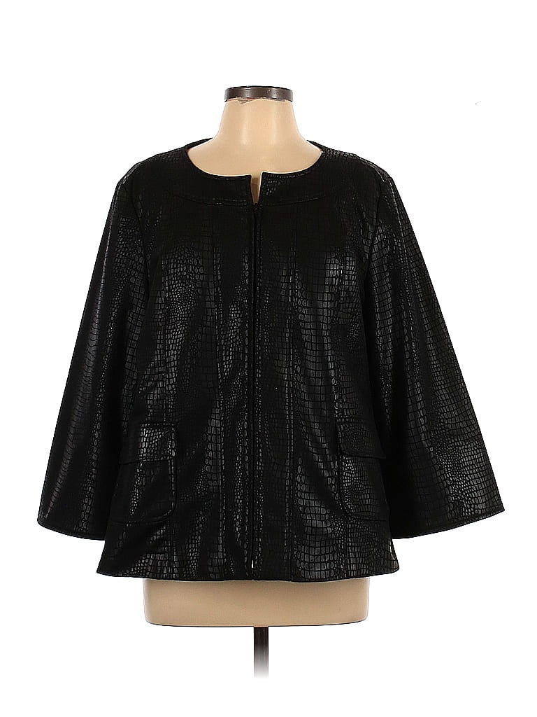 Susan Graver 100 Polyester Solid Black Faux Leather Jacket Size L 74