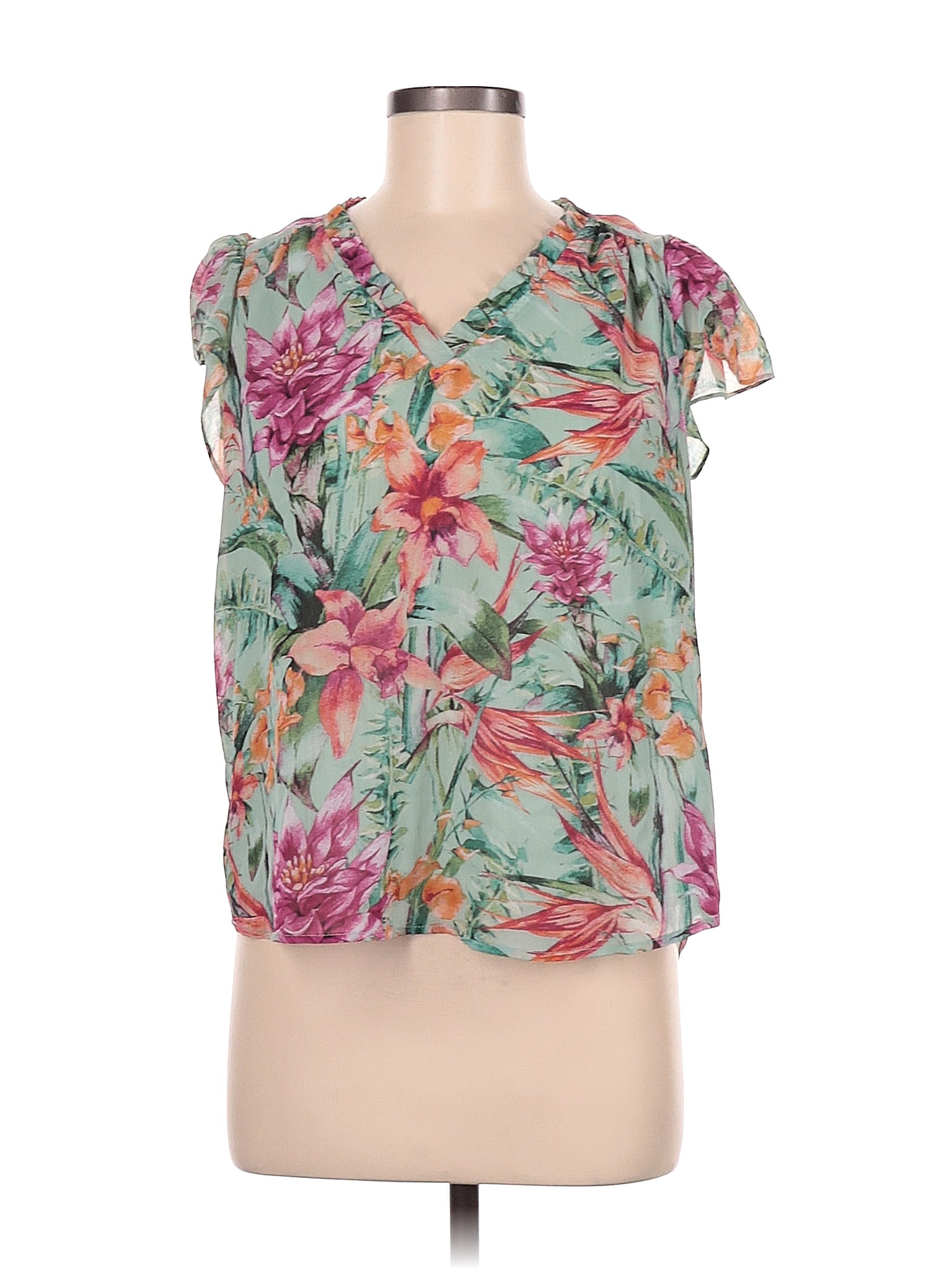 Rachel Zoe 100 Polyester Tropical Teal Short Sleeve Blouse Size M 92