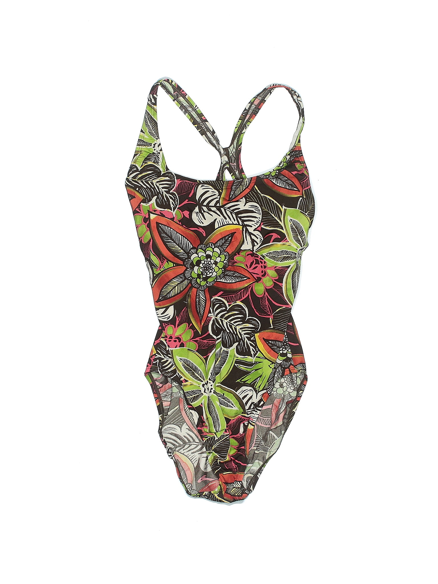 Speedo 100% Polyester Floral Multi Color Black One Piece Swimsuit Size ...