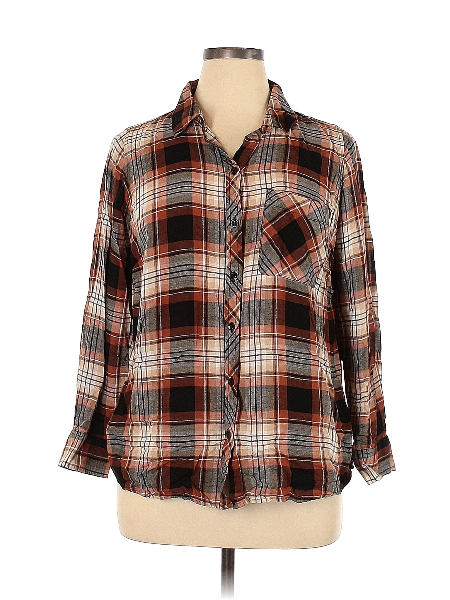 Terra & Sky 100% Viscose Plaid Brown Long Sleeve Button-Down Shirt Size 0X (Plus) - 42% off ...