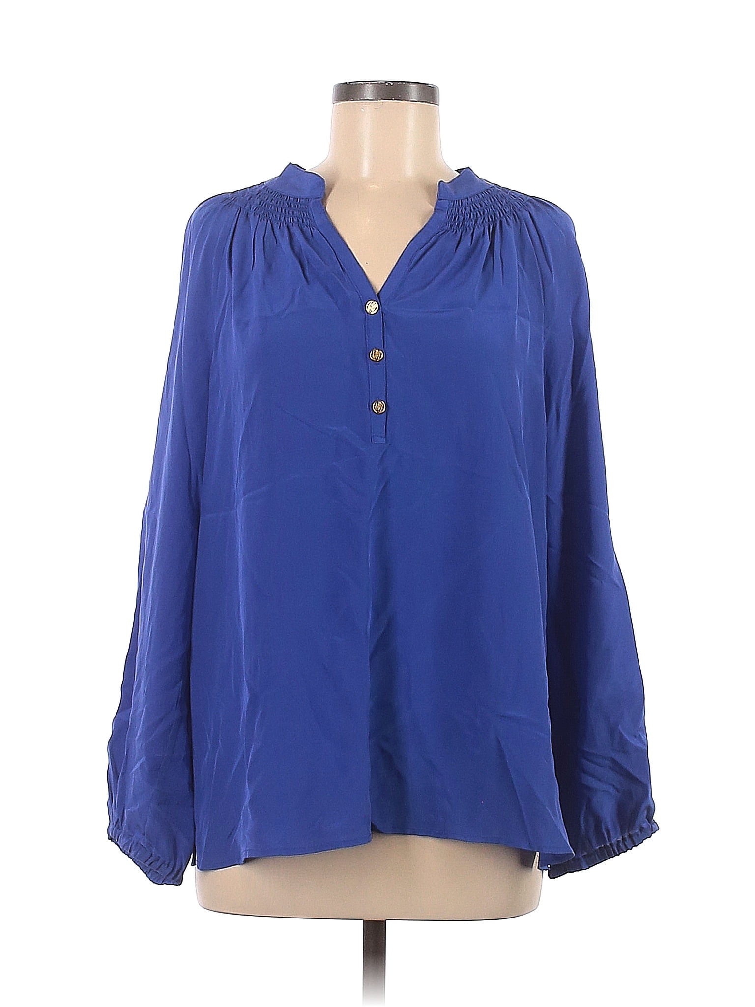 Lilly Pulitzer 100 Silk Solid Blue Long Sleeve Silk Top Size M 72