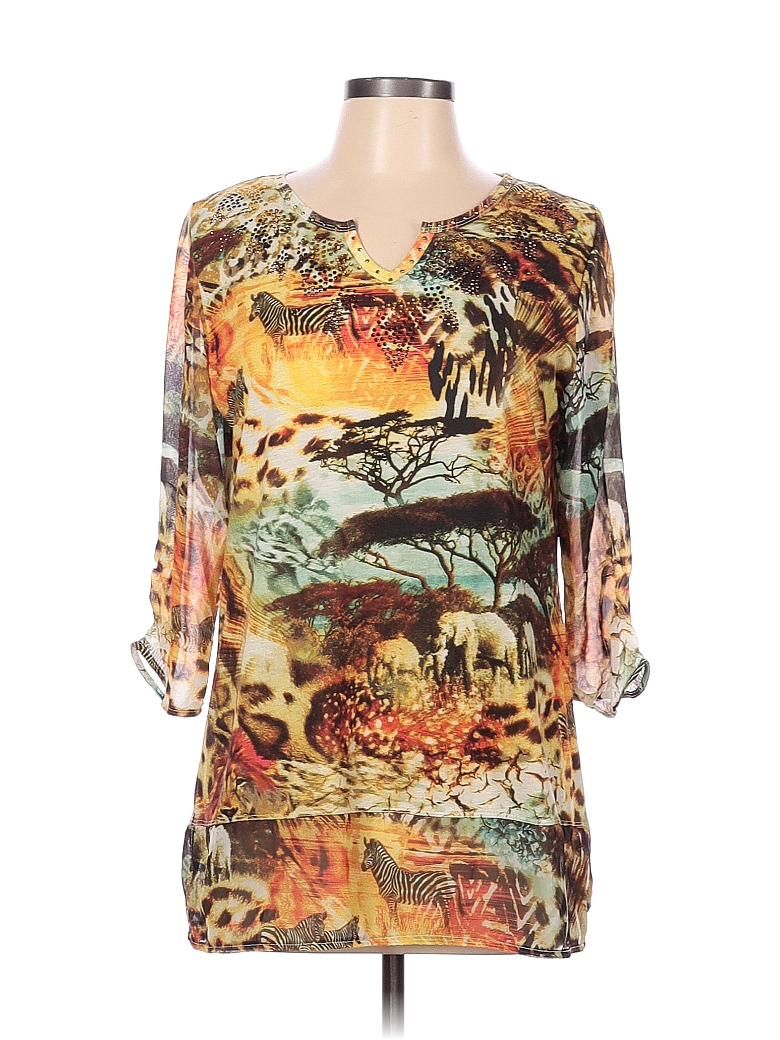 Onque Casuals Tropical Multi Color Brown Long Sleeve Top Size L - 34% ...