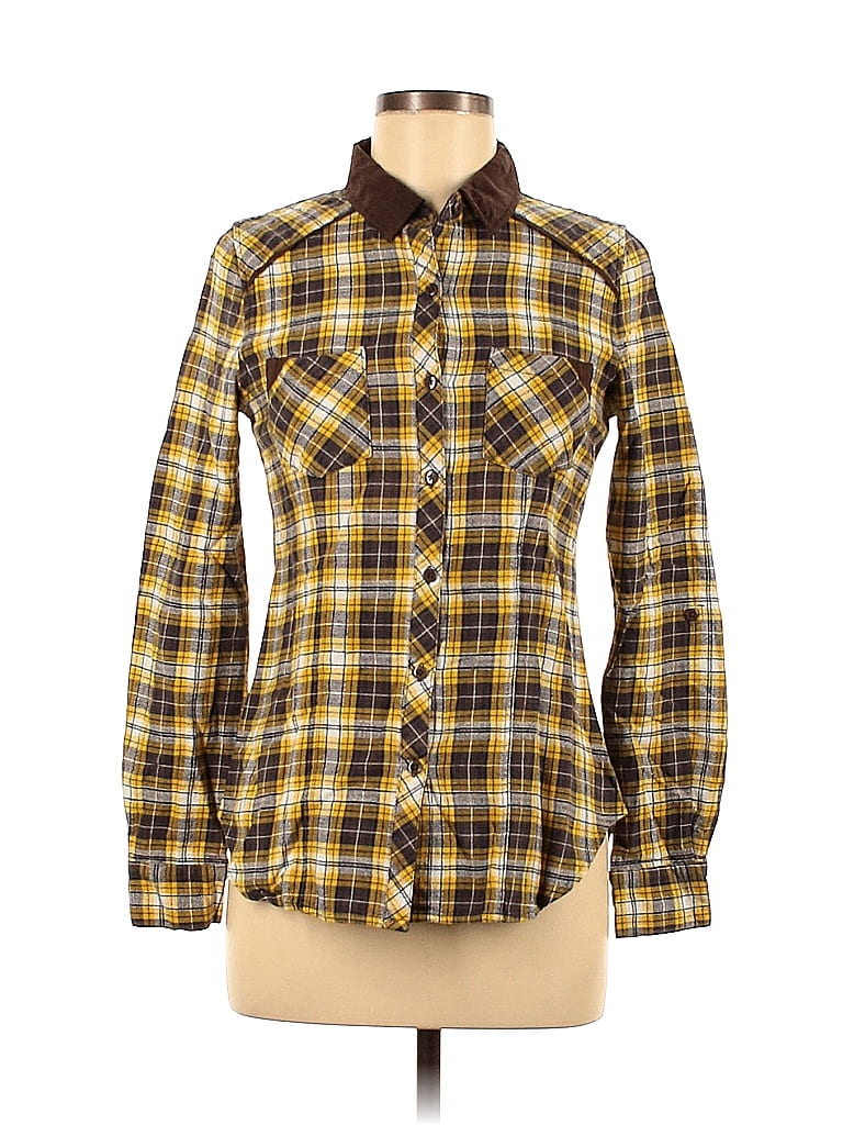 CLOCKHOUSE 100% Cotton Plaid Yellow Long Sleeve Button-Down Shirt Size ...