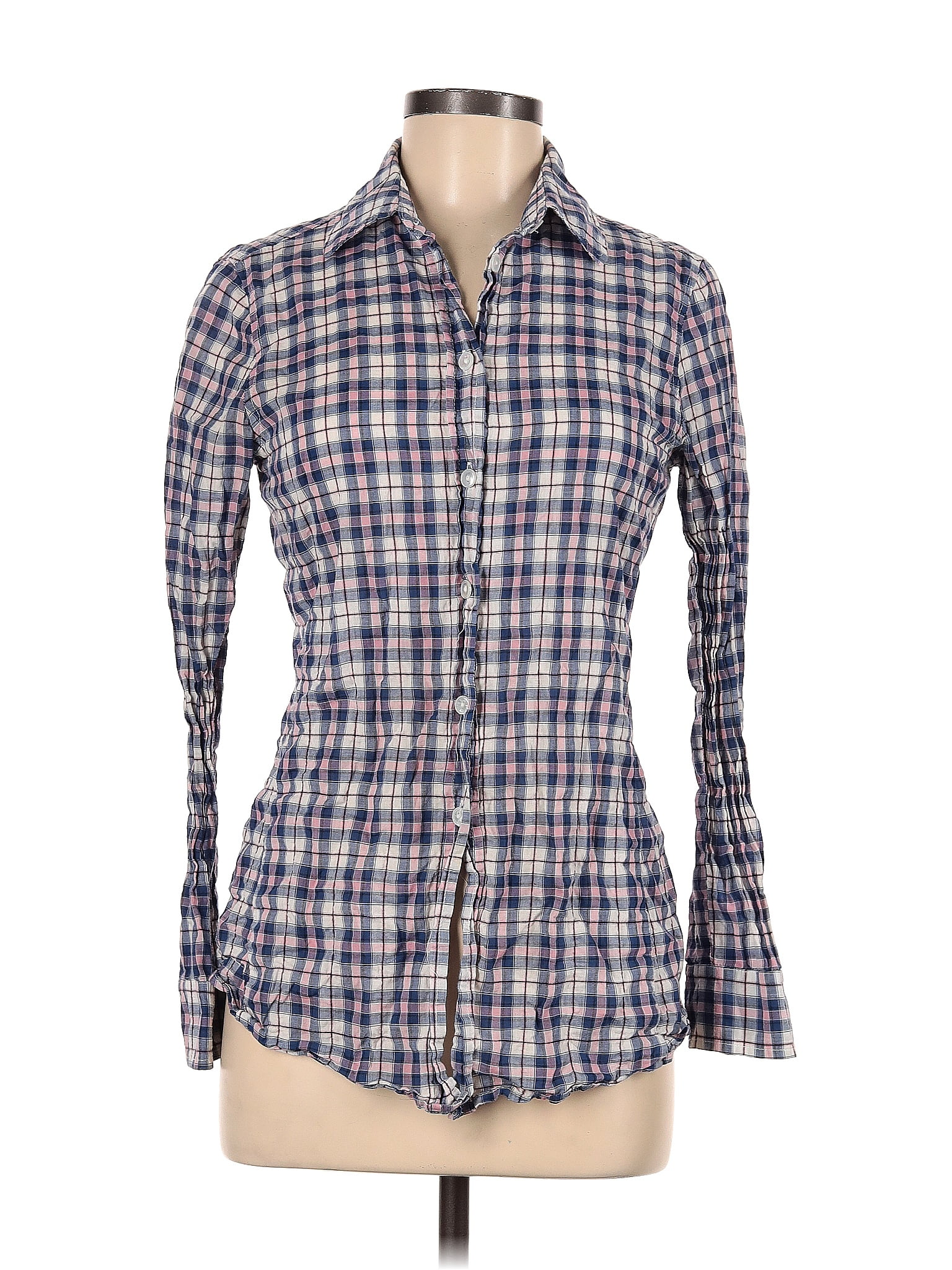 Fine Garments Carefully Selected by Bell 100% Cotton Checkered-gingham Plaid Blue Long Sleeve ...