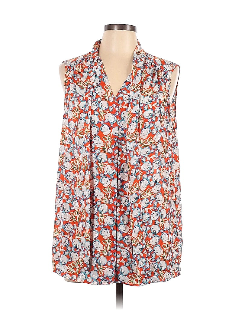 Pleione 100 Polyester Floral Multi Color Orange Sleeveless Blouse Size