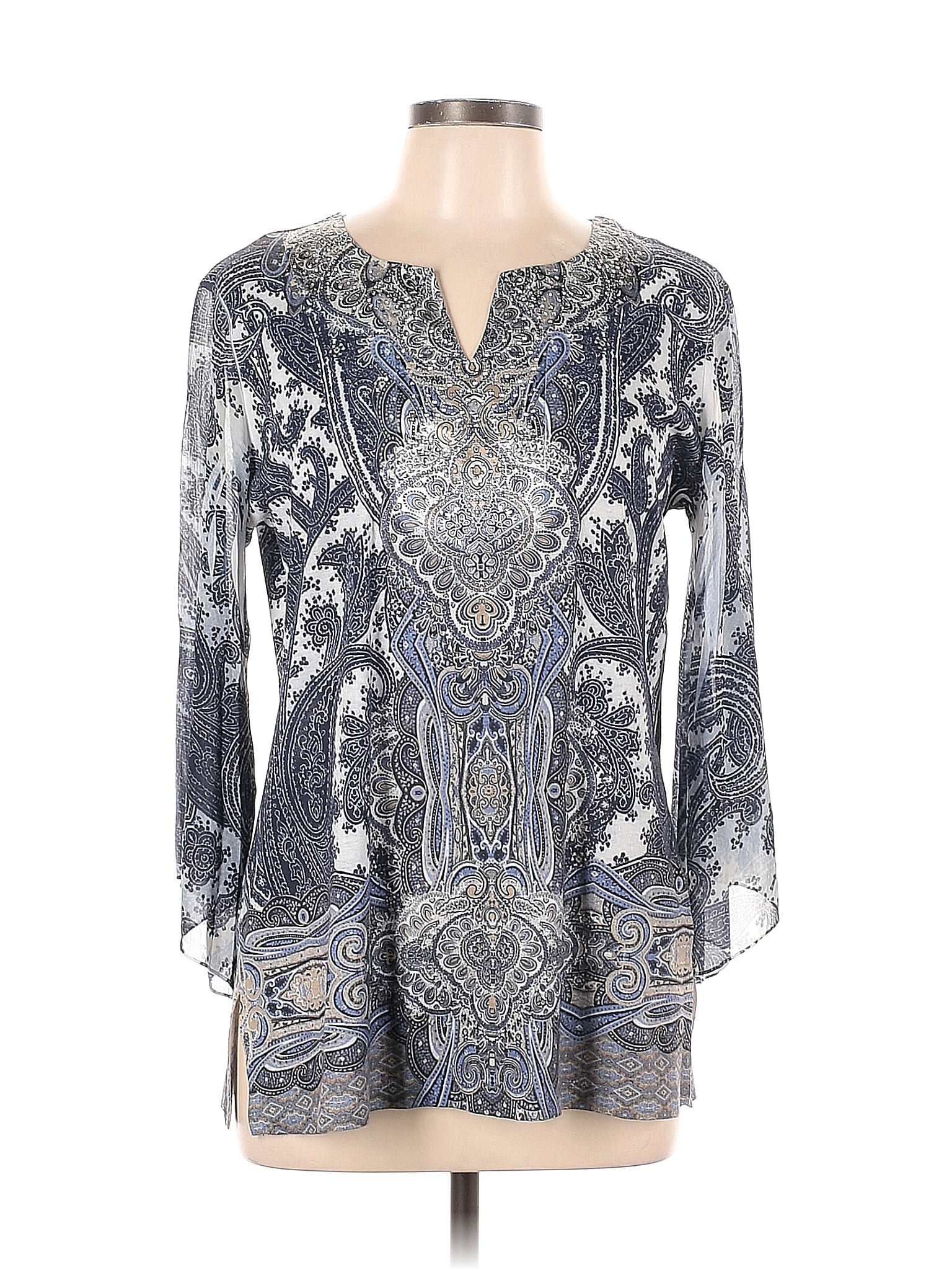 JM Collection 100% Polyester Paisley Multi Color Blue 3/4 Sleeve Blouse ...