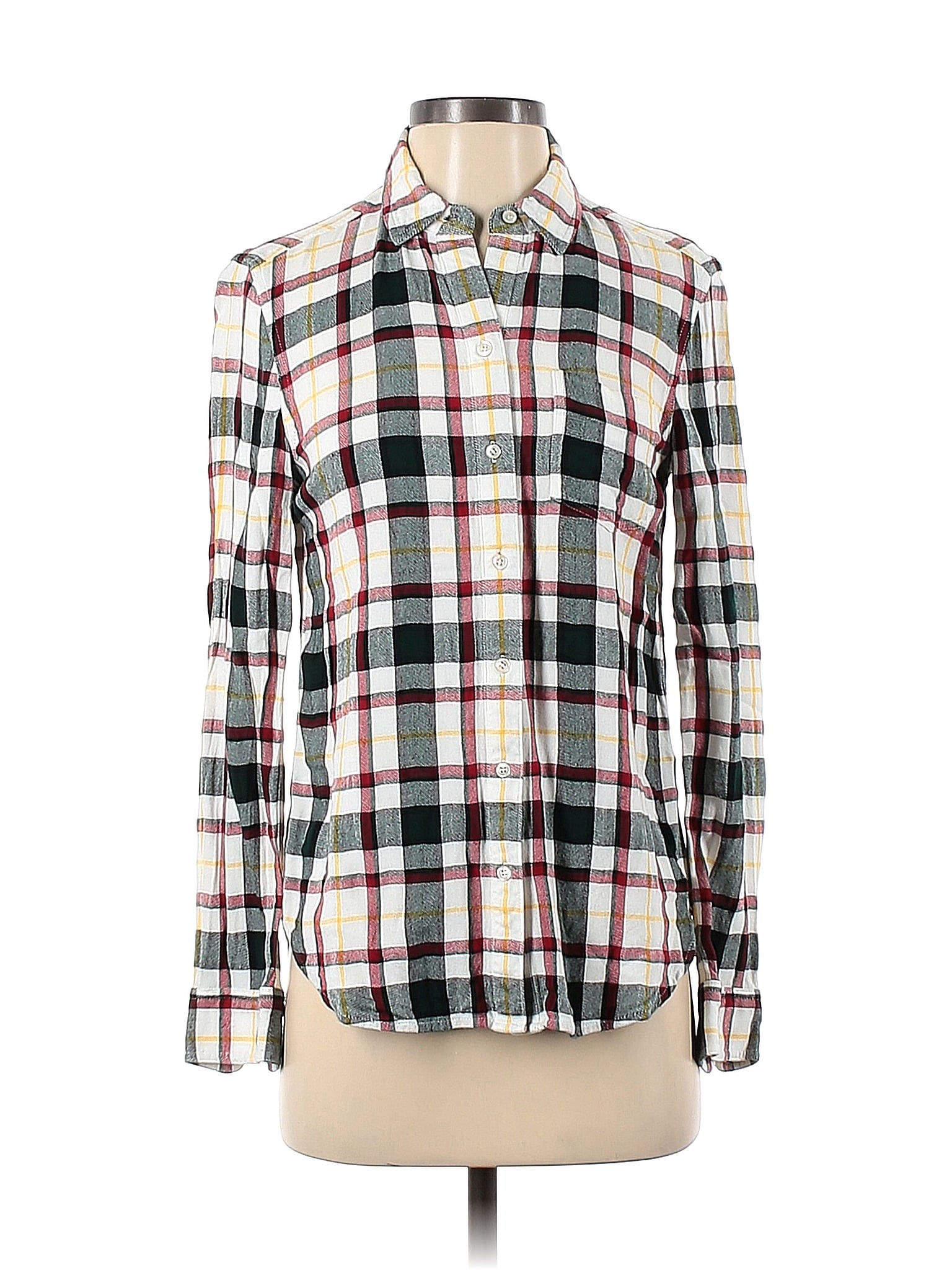 L L Bean Signature 100 Rayon Plaid White Long Sleeve Button Down Shirt