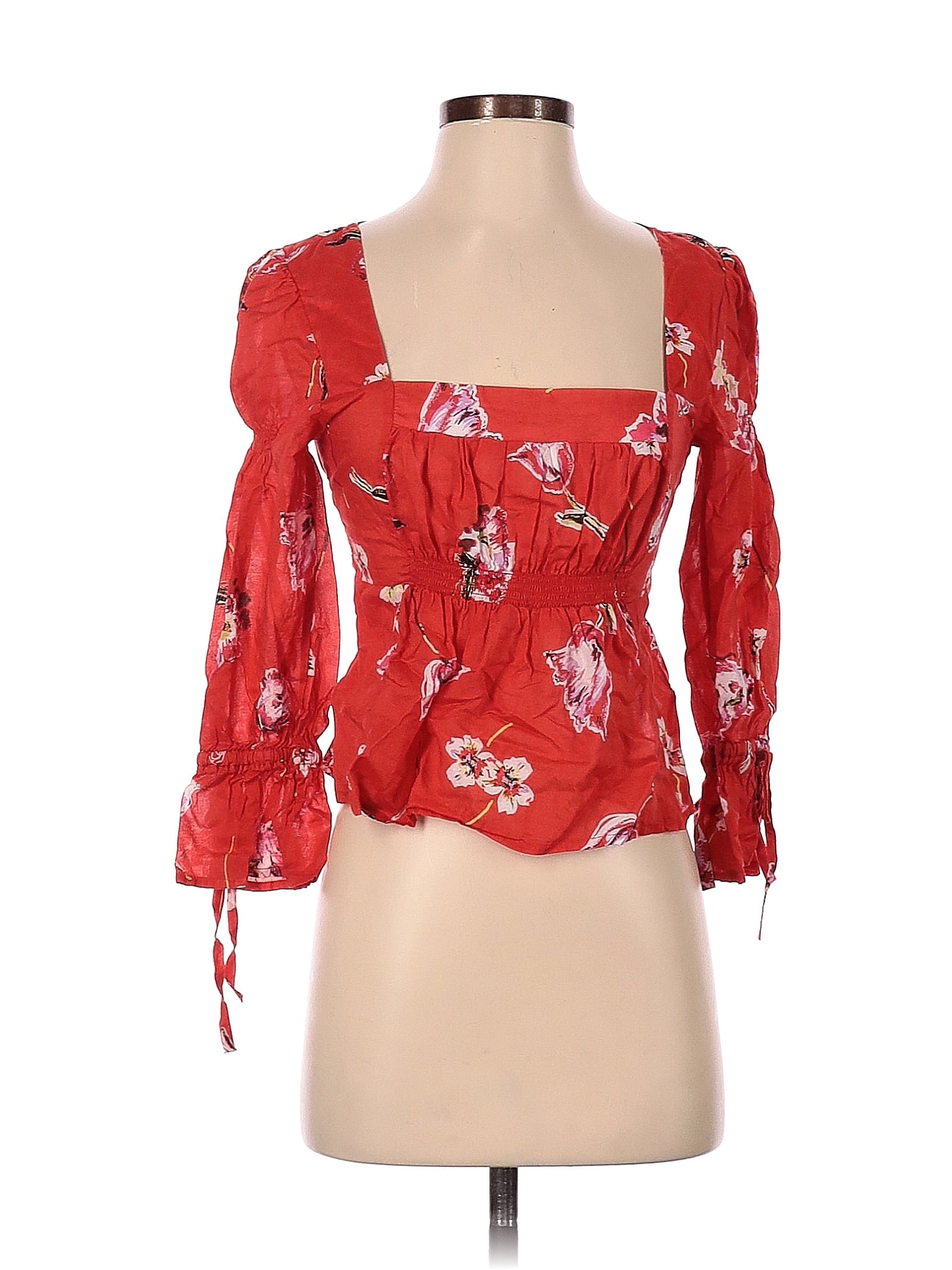 Free People 100 Cotton Floral Red Long Sleeve Blouse Size Xs 69 Off