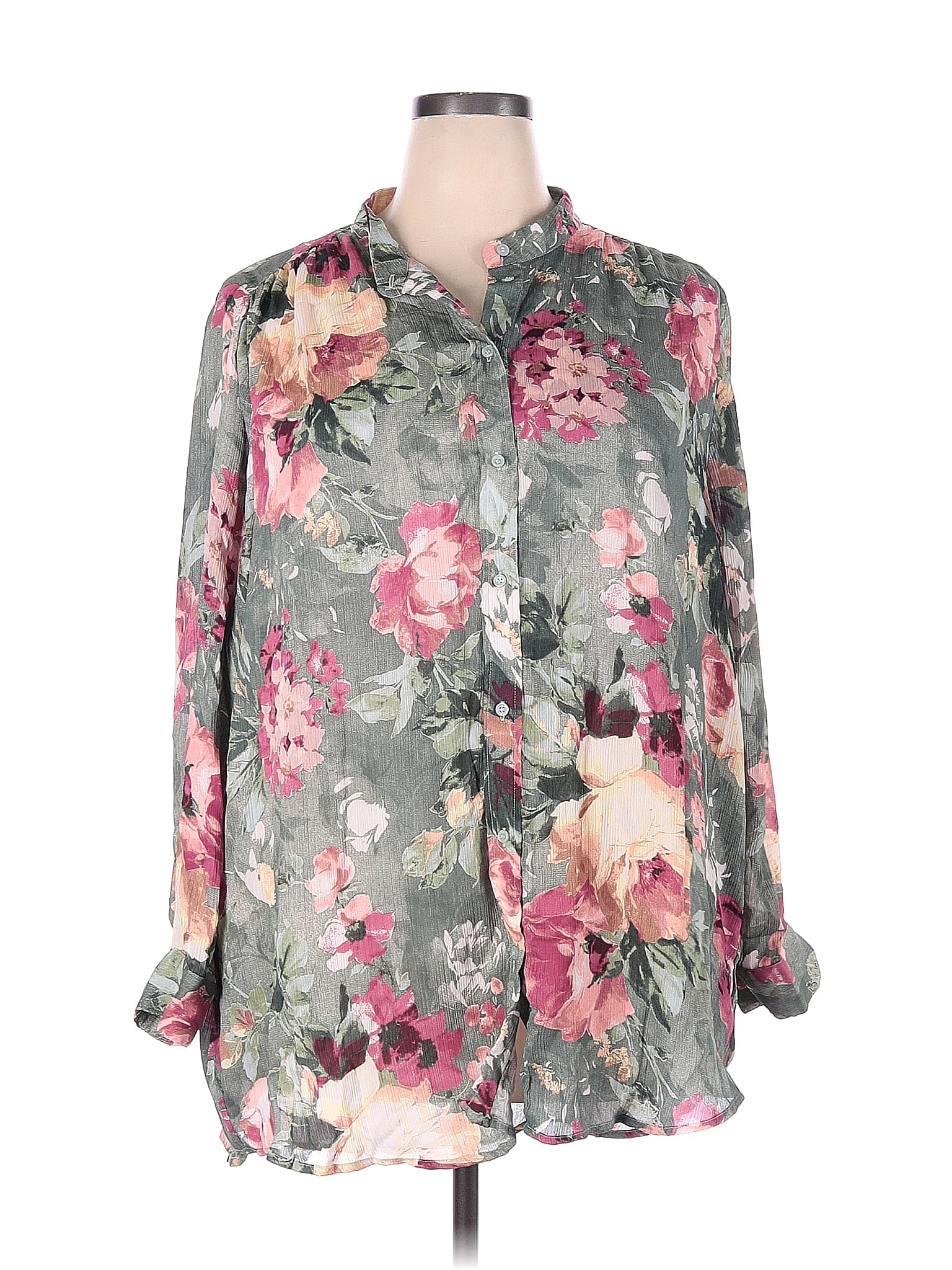 H&M 100% Polyester Floral Gray Green Long Sleeve Blouse Size 2X (Plus ...