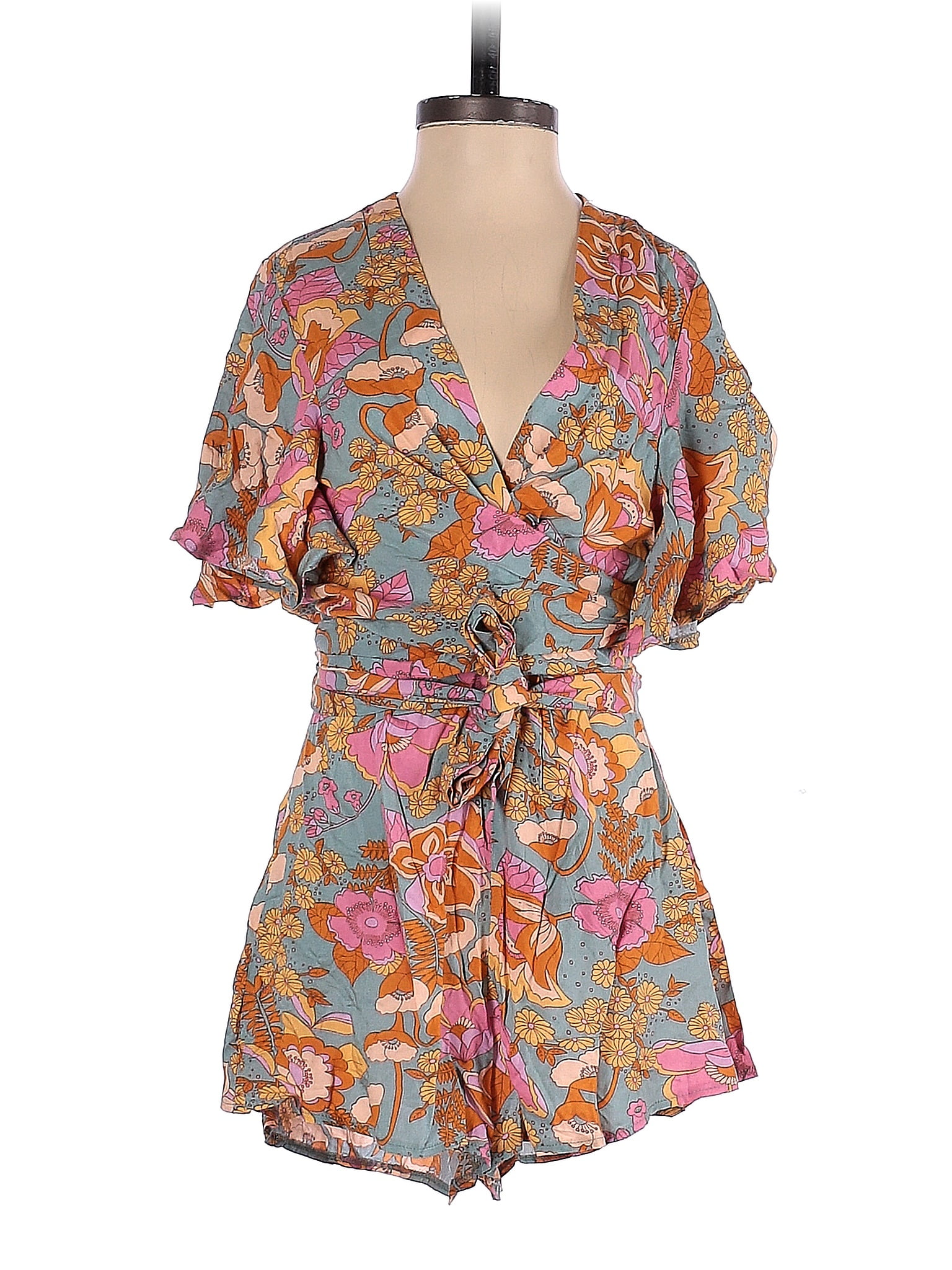 Here Comes the Sun 100% Rayon Floral Multi Color Teal Romper Size XS ...