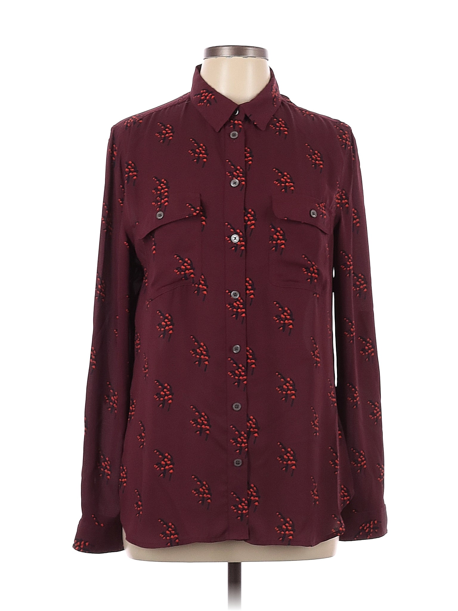Ann Taylor Loft 100 Polyester Burgundy Long Sleeve Blouse Size L 64