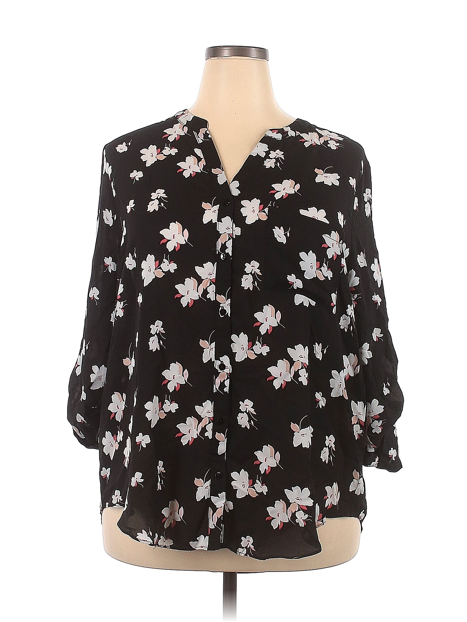 Simply Emma 100% Polyester Floral Black Long Sleeve Blouse Size 2X ...