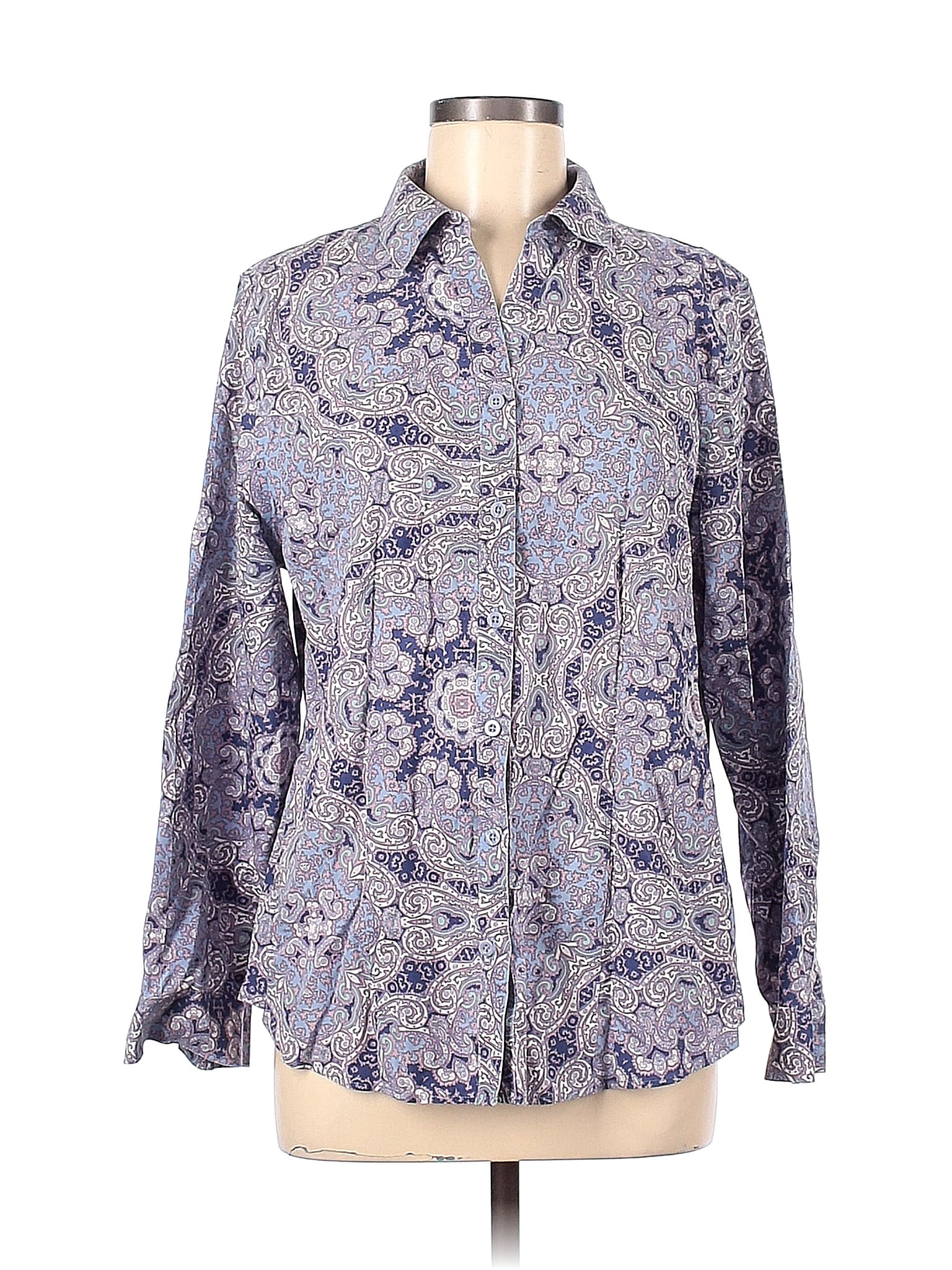Chicos 100 Cotton Paisley Multi Color Blue Long Sleeve Button Down