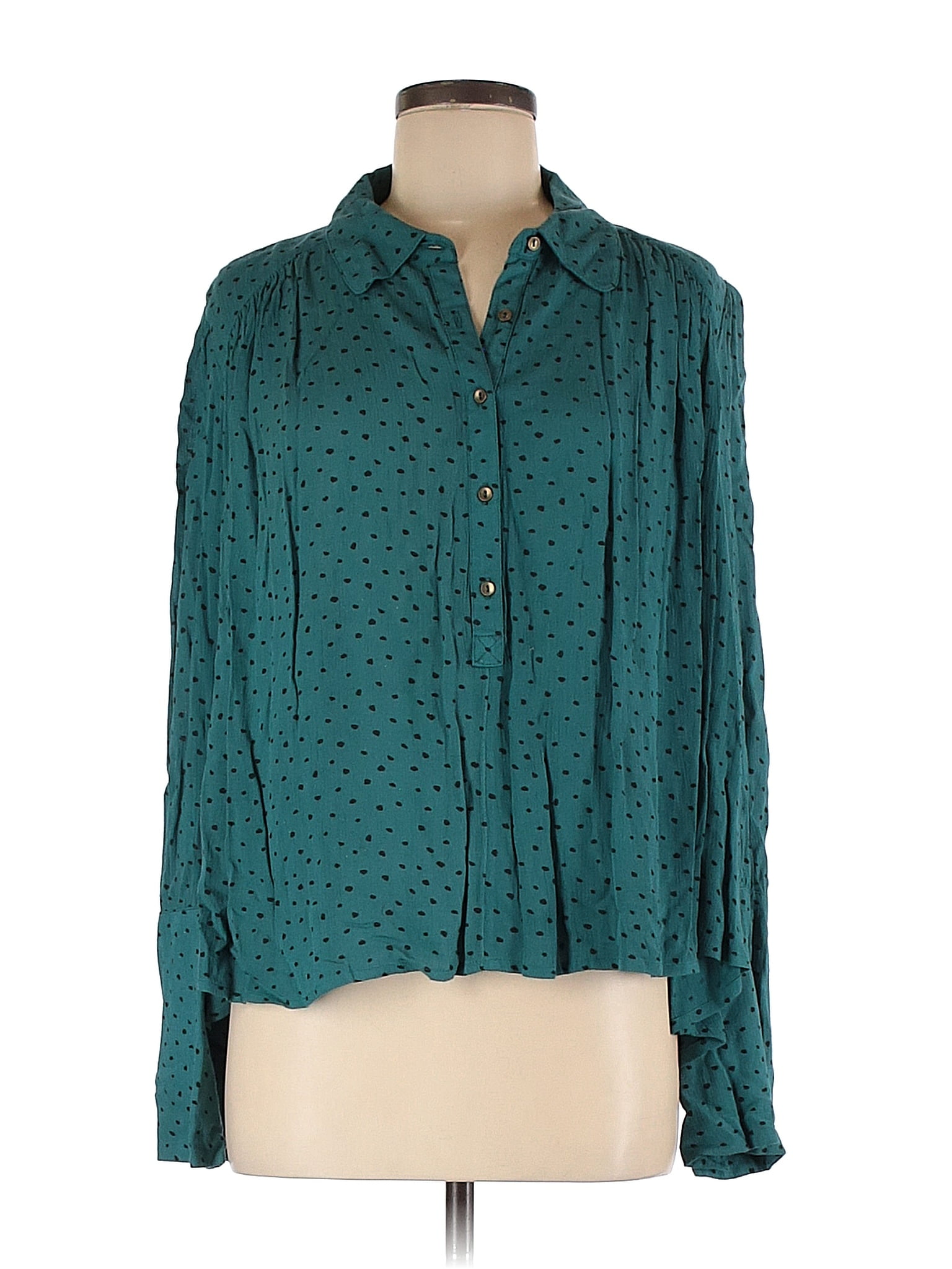 Billabong 100 Rayon Polka Dots Teal Long Sleeve Blouse Size M 56