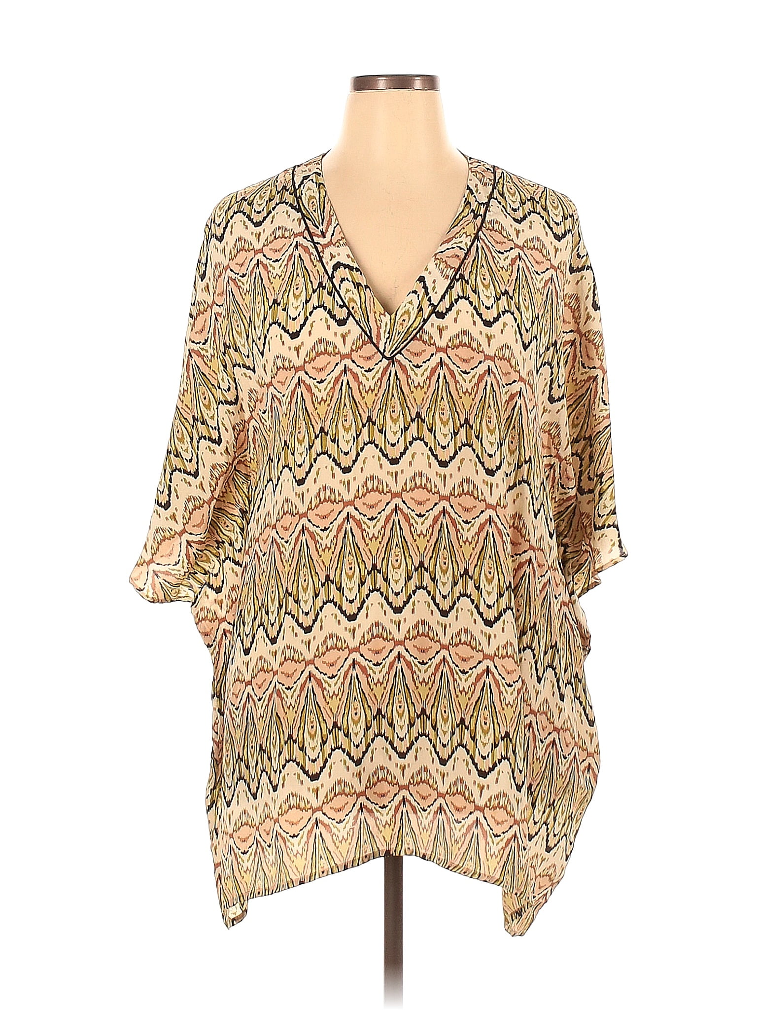 Tolani 100% Silk Chevron-herringbone Chevron Tan 3/4 Sleeve Silk Top ...