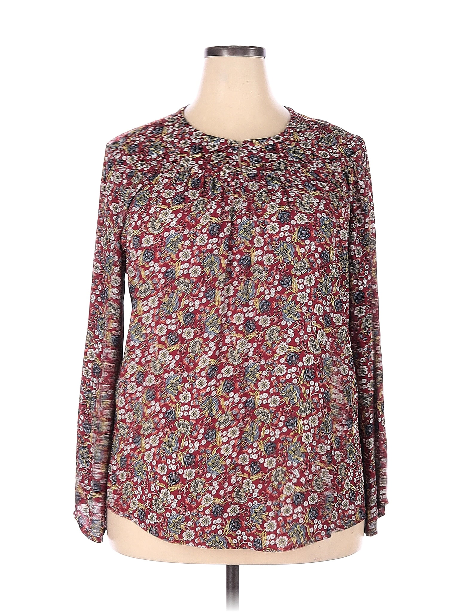 Ann Taylor LOFT 100% Polyester Floral Multi Color Burgundy Long Sleeve ...