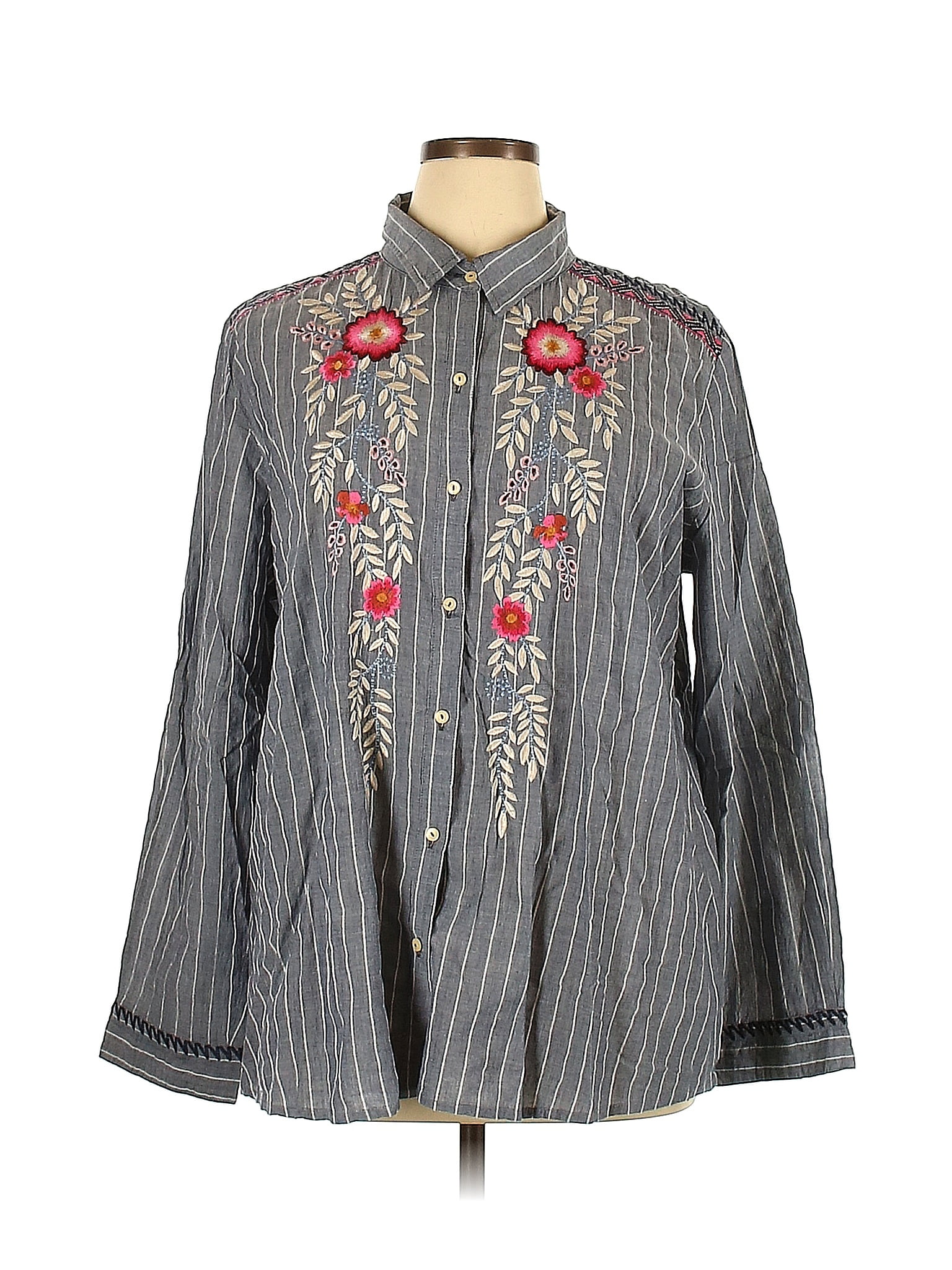 Johnny Was Stripes Gray Long Sleeve Button-Down Shirt Size XL - 76% off | thredUP