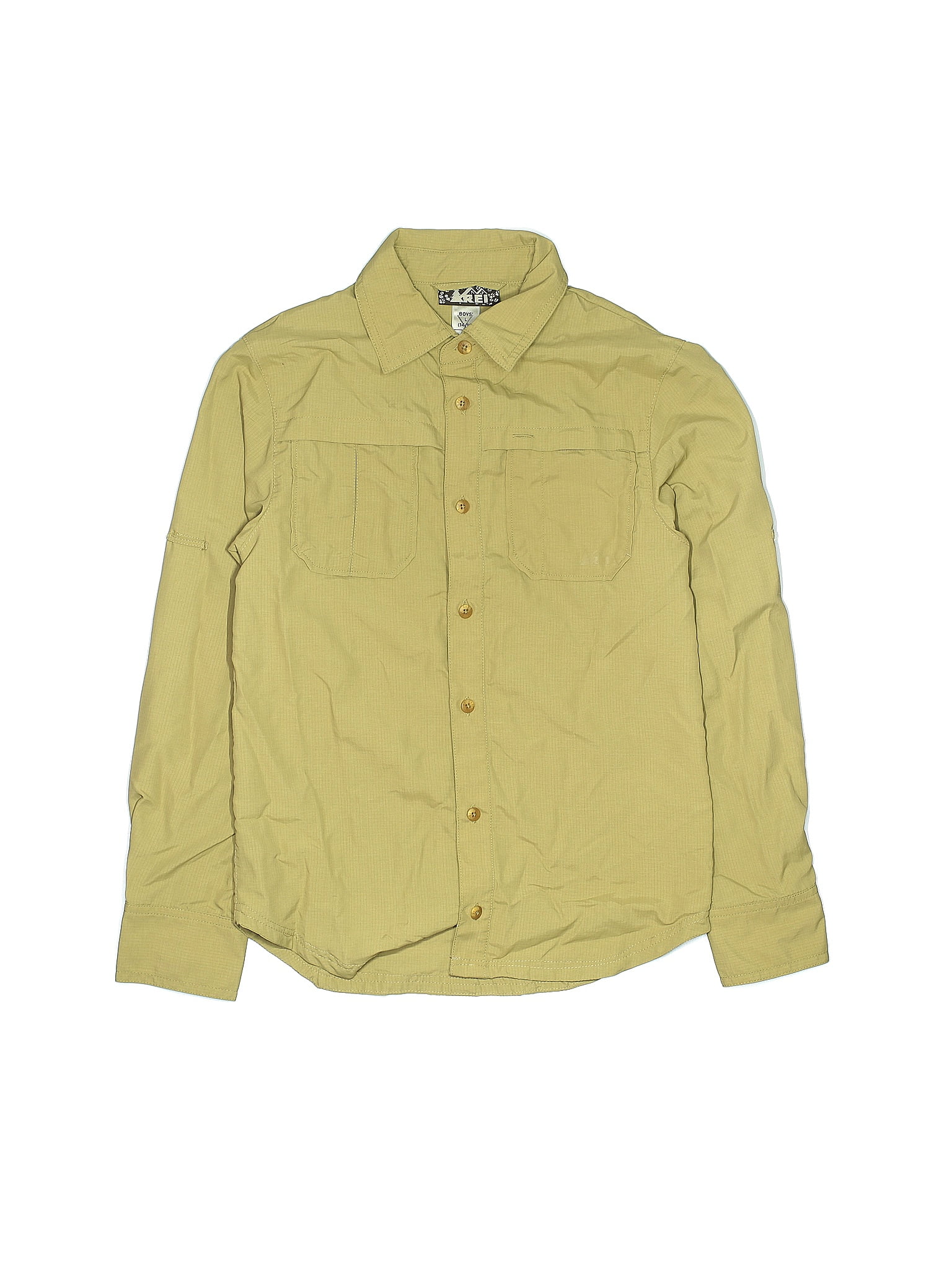 Rei 100 Nylon Solid Yellow Long Sleeve Button Down Shirt Size L Youth