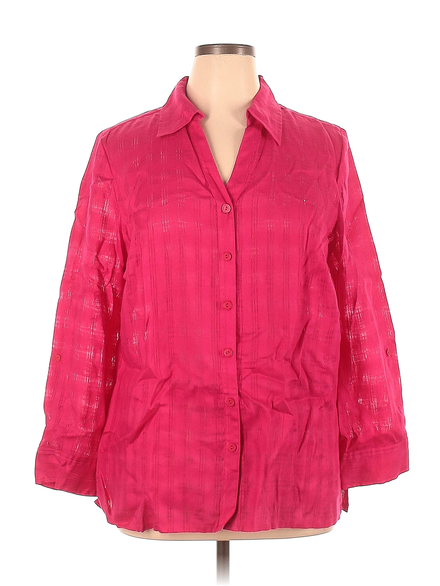Jm Collection 100 Linen Checkered Gingham Pink Long Sleeve Button Down