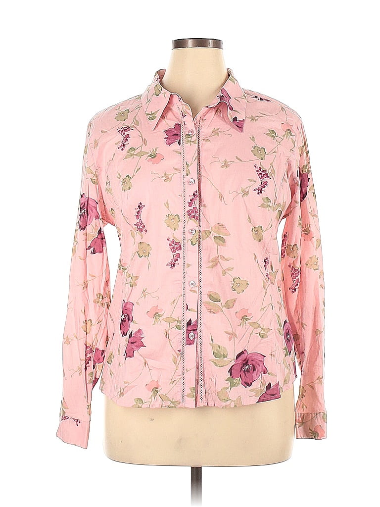 St. John's Bay 100% Cotton Color Block Floral Pink Long Sleeve Button-Down Shirt Size XL - 63% ...