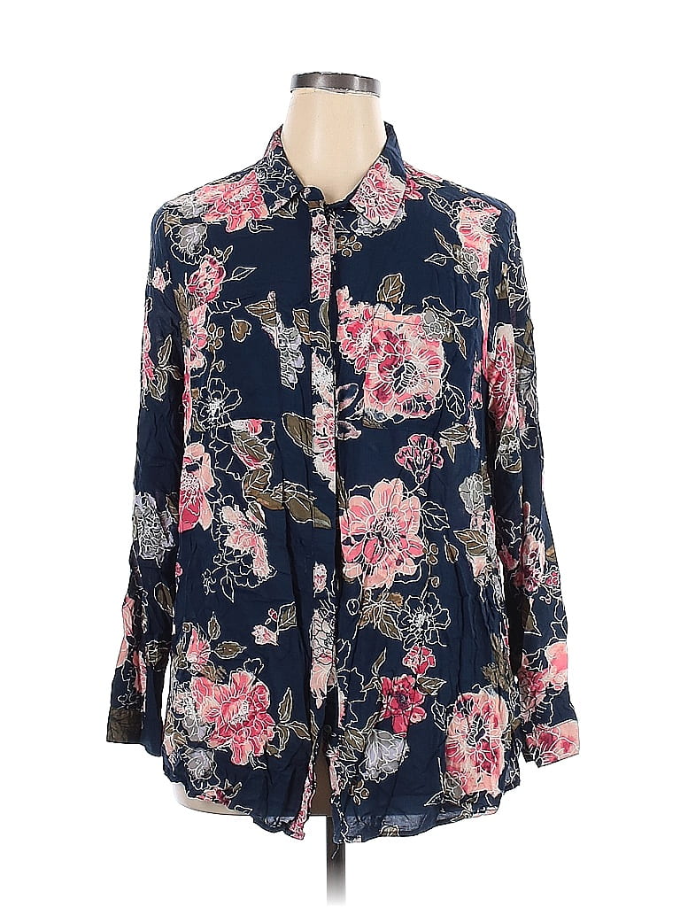 H&M 100% Viscose Floral Blue Long Sleeve Blouse Size XL - 37% off | thredUP
