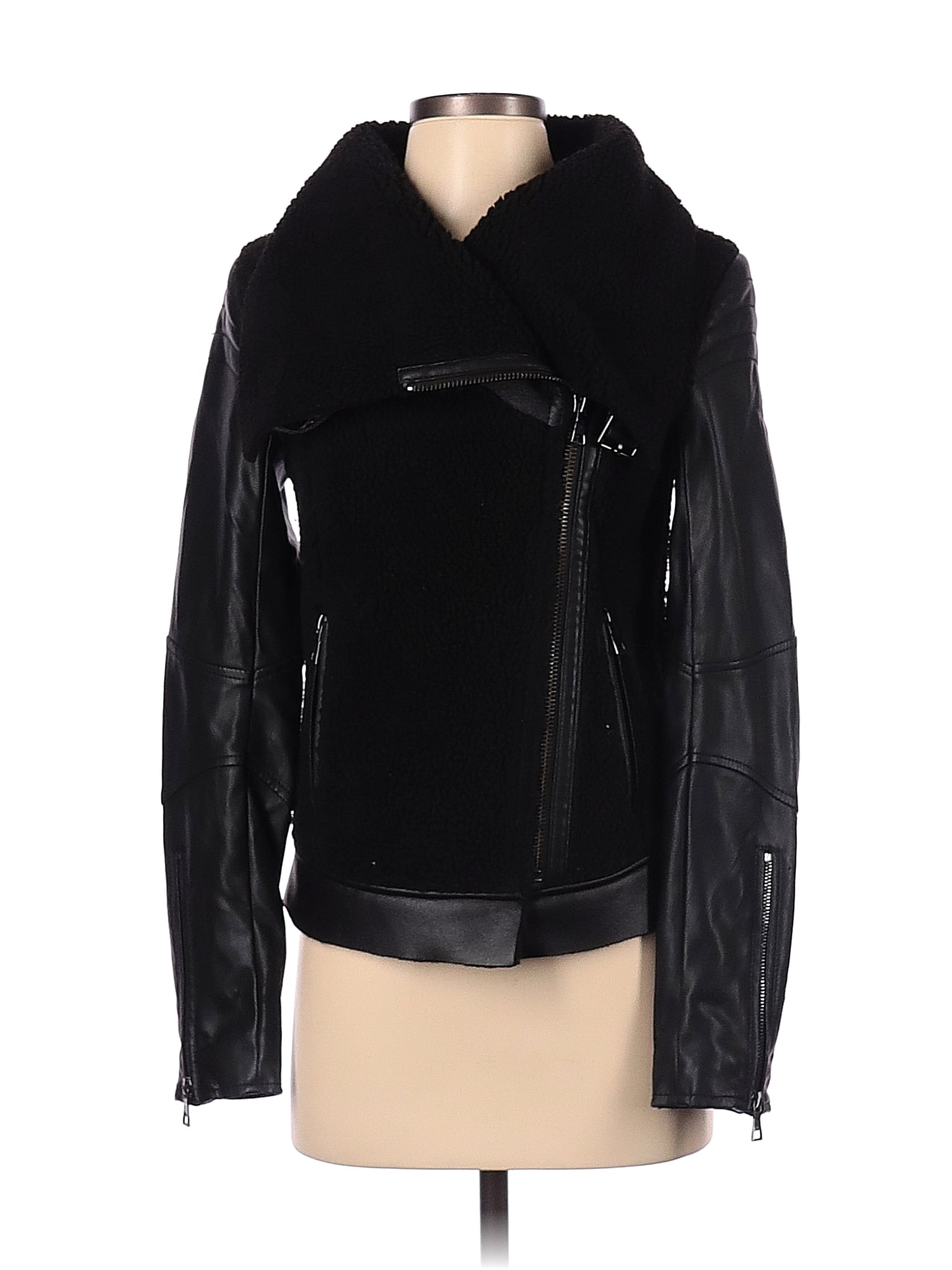 urbancode 100% Polyester Solid Black Faux Leather Jacket Size 6 (UK ...