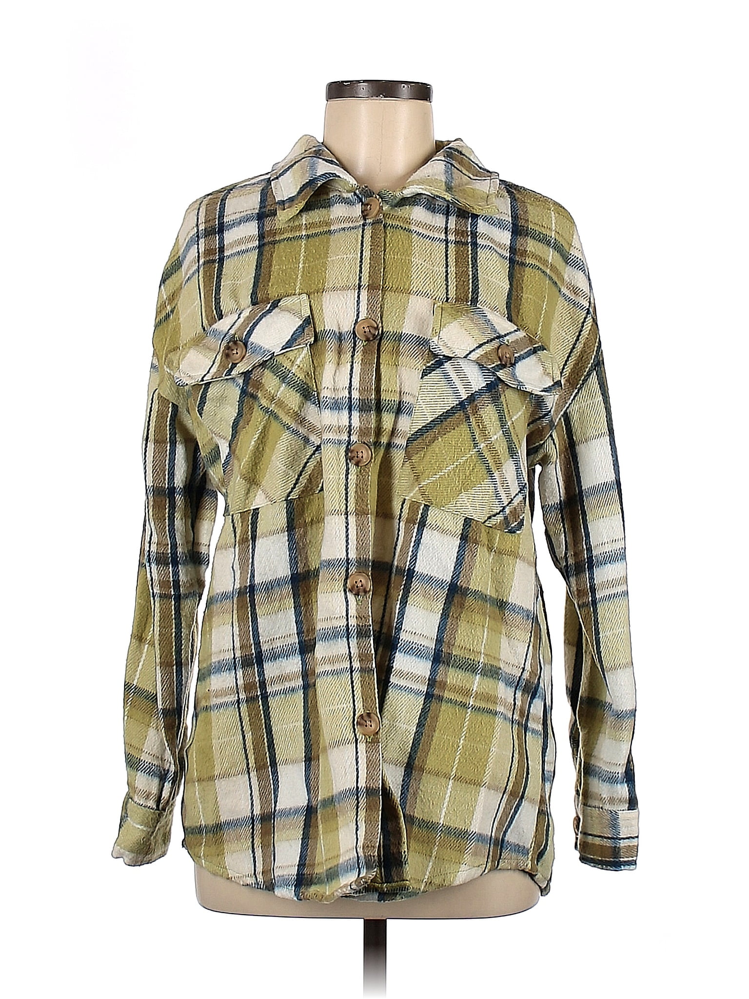 Arizona Jean Company 100% Polyester Plaid Yellow Green Long Sleeve ...