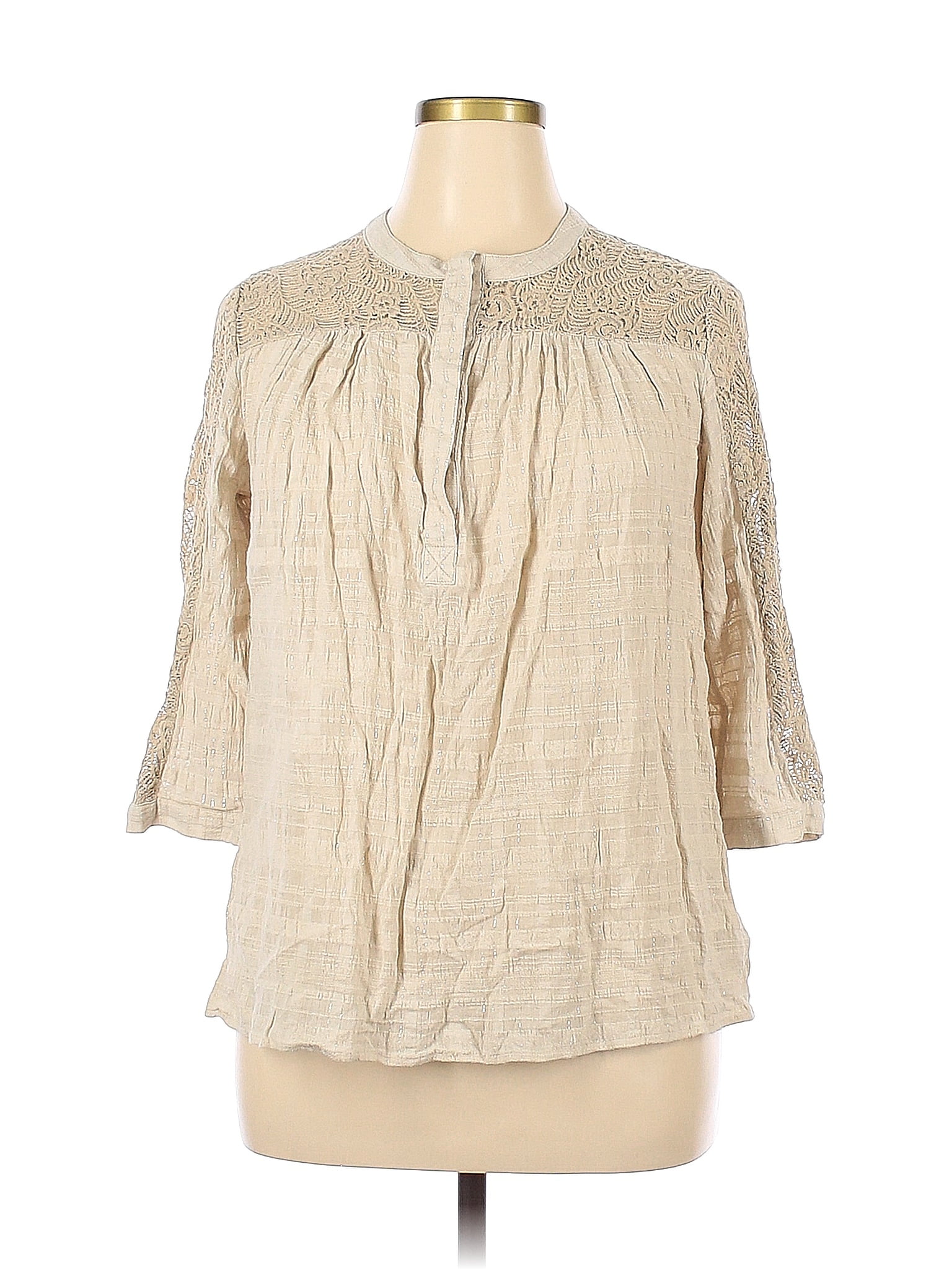 Coldwater Creek Checkered-gingham Tan Ivory 3/4 Sleeve Blouse Size XL ...