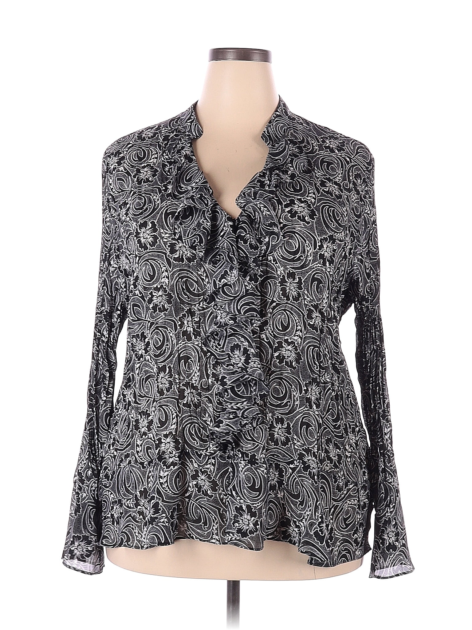 Sunny Leigh 100% Polyester Paisley Floral Black Gray Long Sleeve Blouse ...