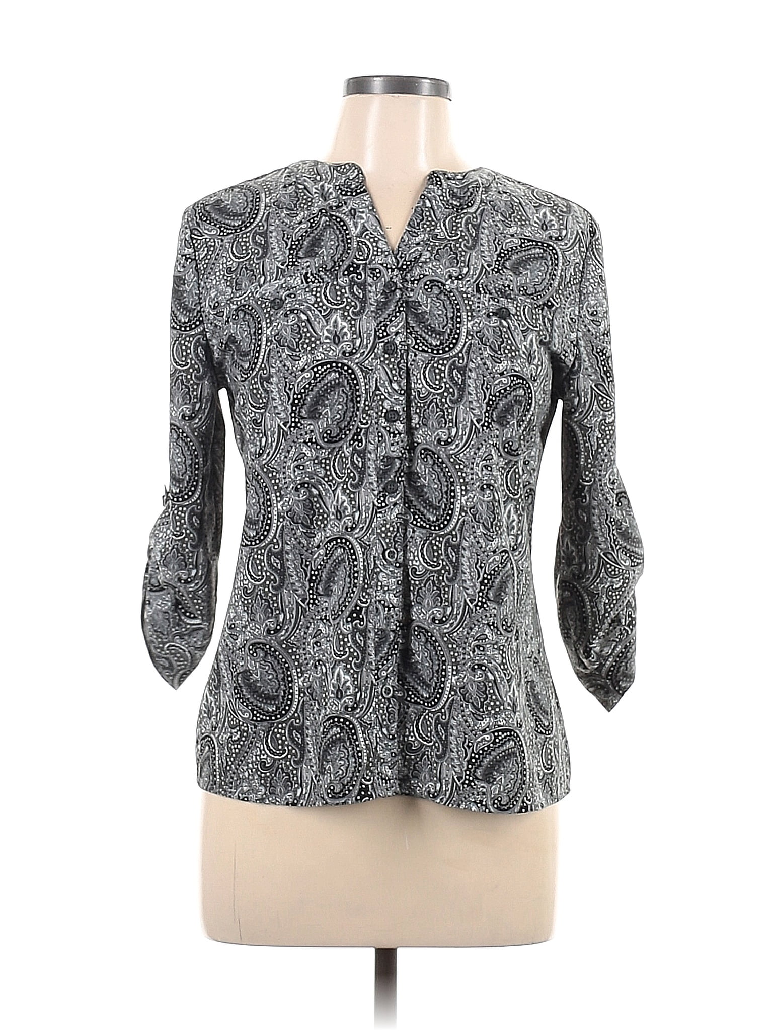 Laura Scott 100% Polyester Paisley Gray 3/4 Sleeve Blouse Size M ...