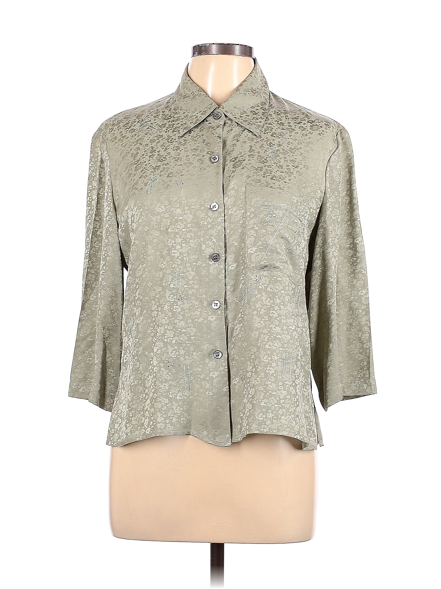 Carole Little 100% Silk Silver Short Sleeve Button-Down Shirt Size 10 - 64% off | thredUP