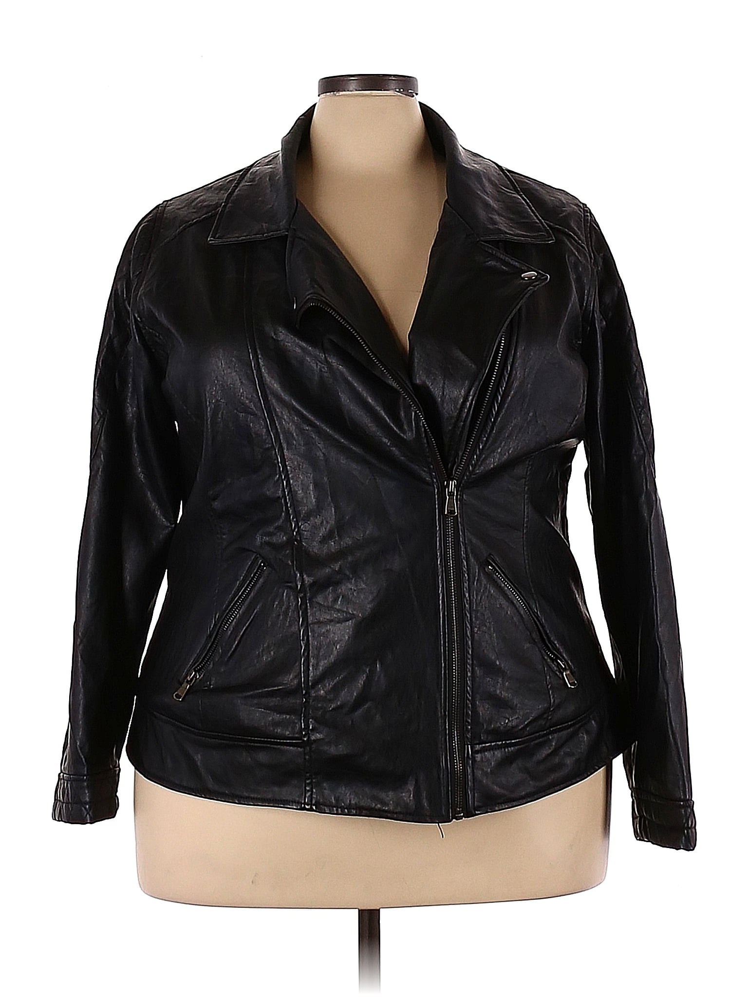 Sabrina Lauren 100% Rayon Solid Black Faux Leather Jacket Size 3X (Plus) - 51% off | thredUP