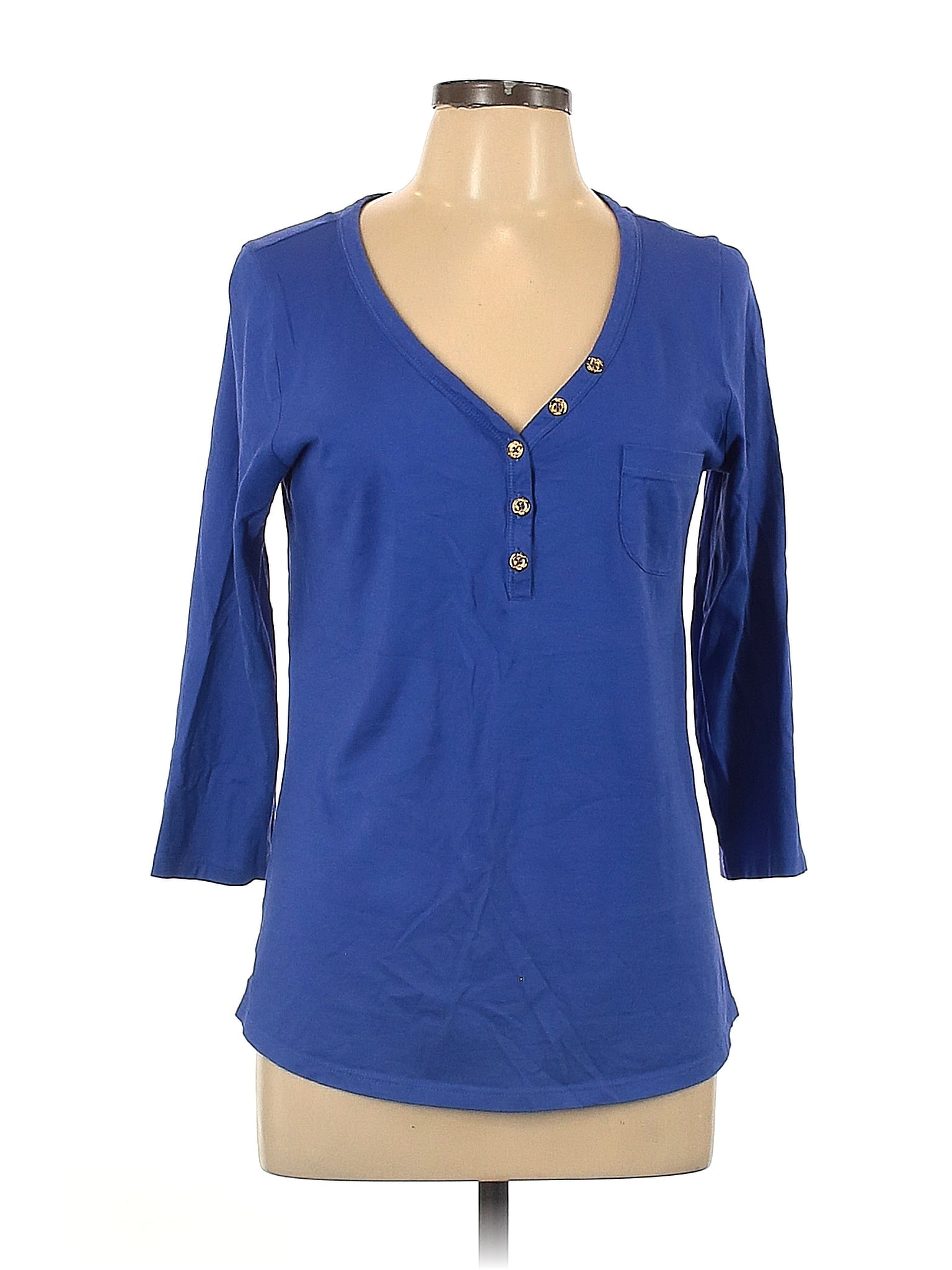 Lilly Pulitzer 100 Cotton Solid Blue Long Sleeve Blouse Size L 71