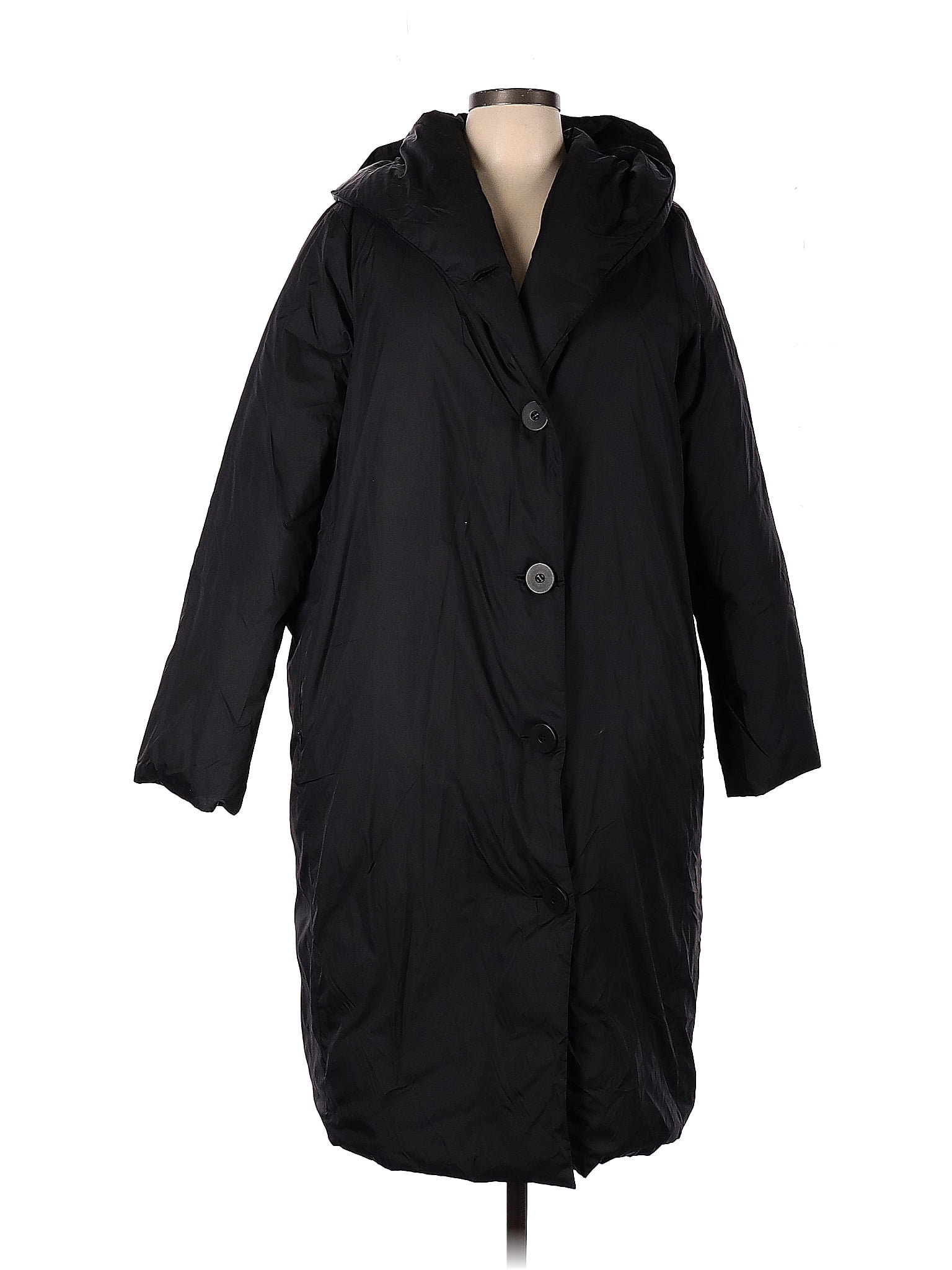 Eileen Fisher 100% Nylon Solid Black Coat Size L - 75% off | thredUP