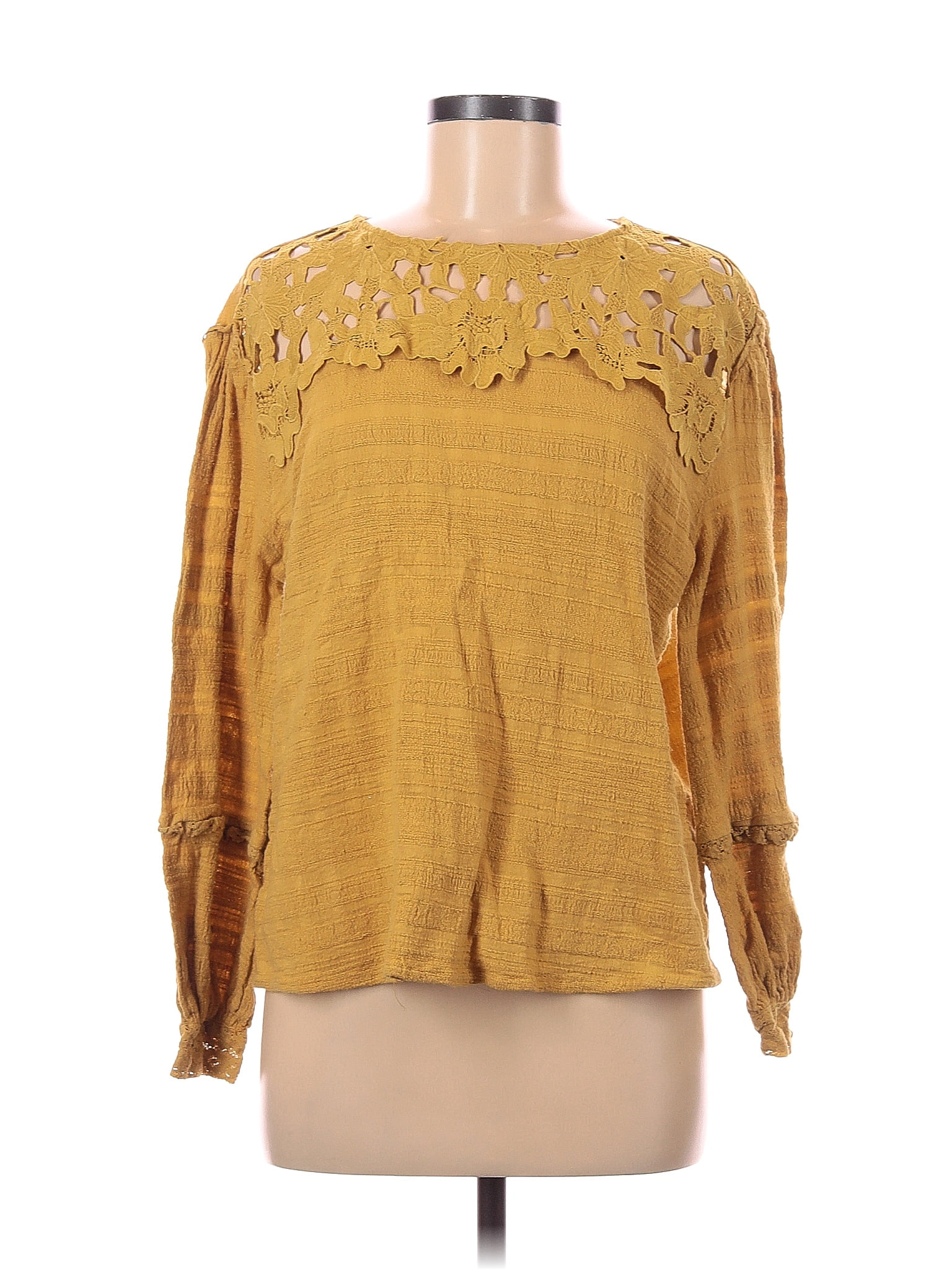 Doe & Rae 100% Cotton Checkered-gingham Yellow Gold Long Sleeve Blouse ...